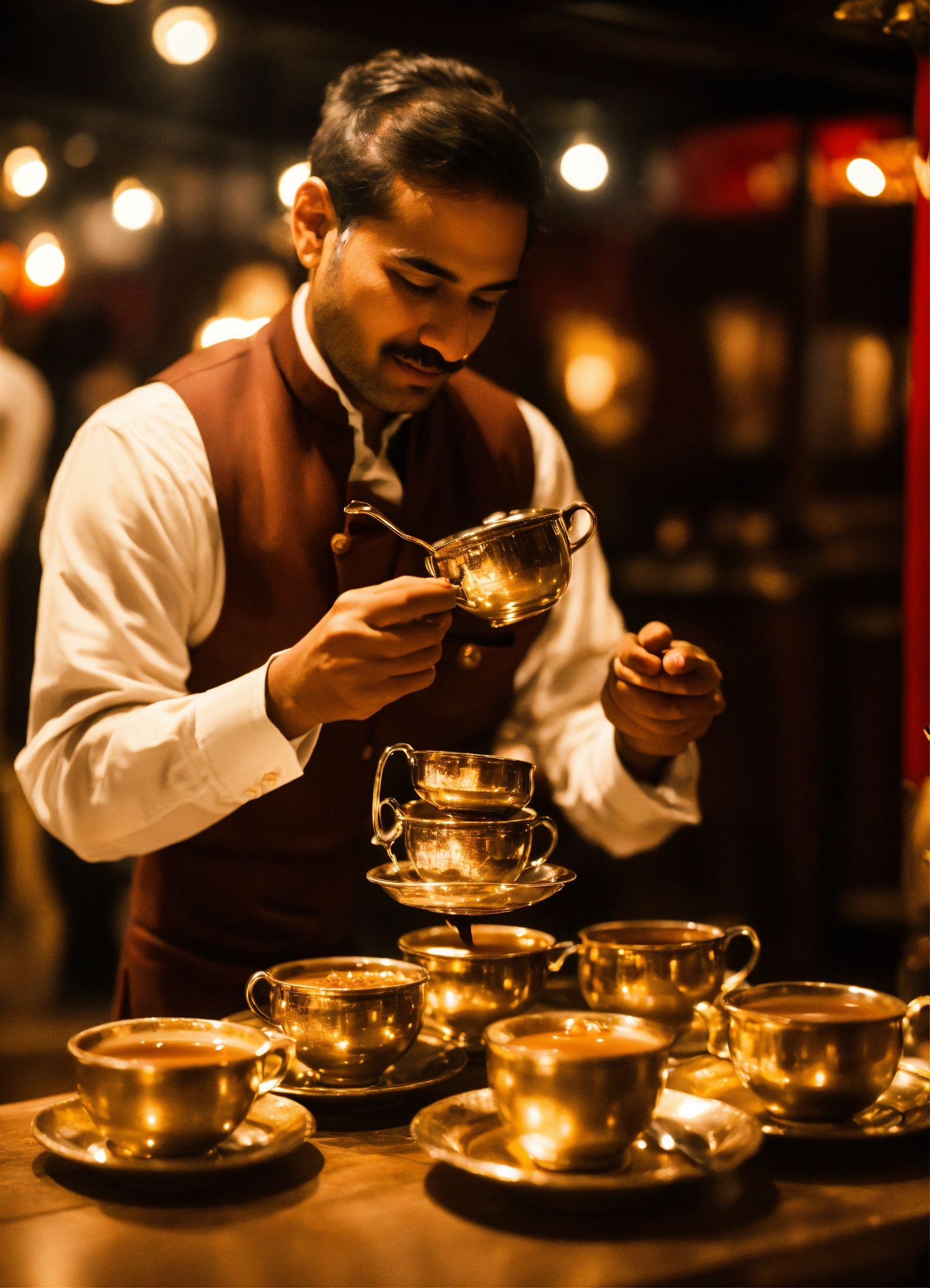 Lexica - Skilled indian server pouring Chai tea from one cup to another ...