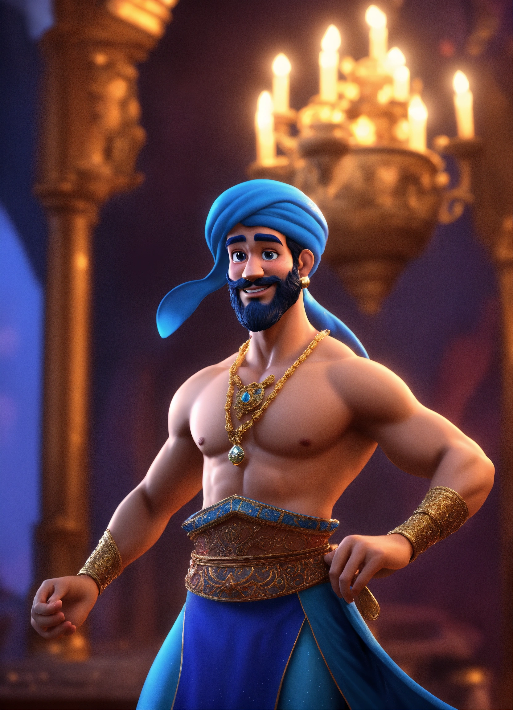 Lexica - Create a 3D rendering of a magical blue Arabian male genie ...