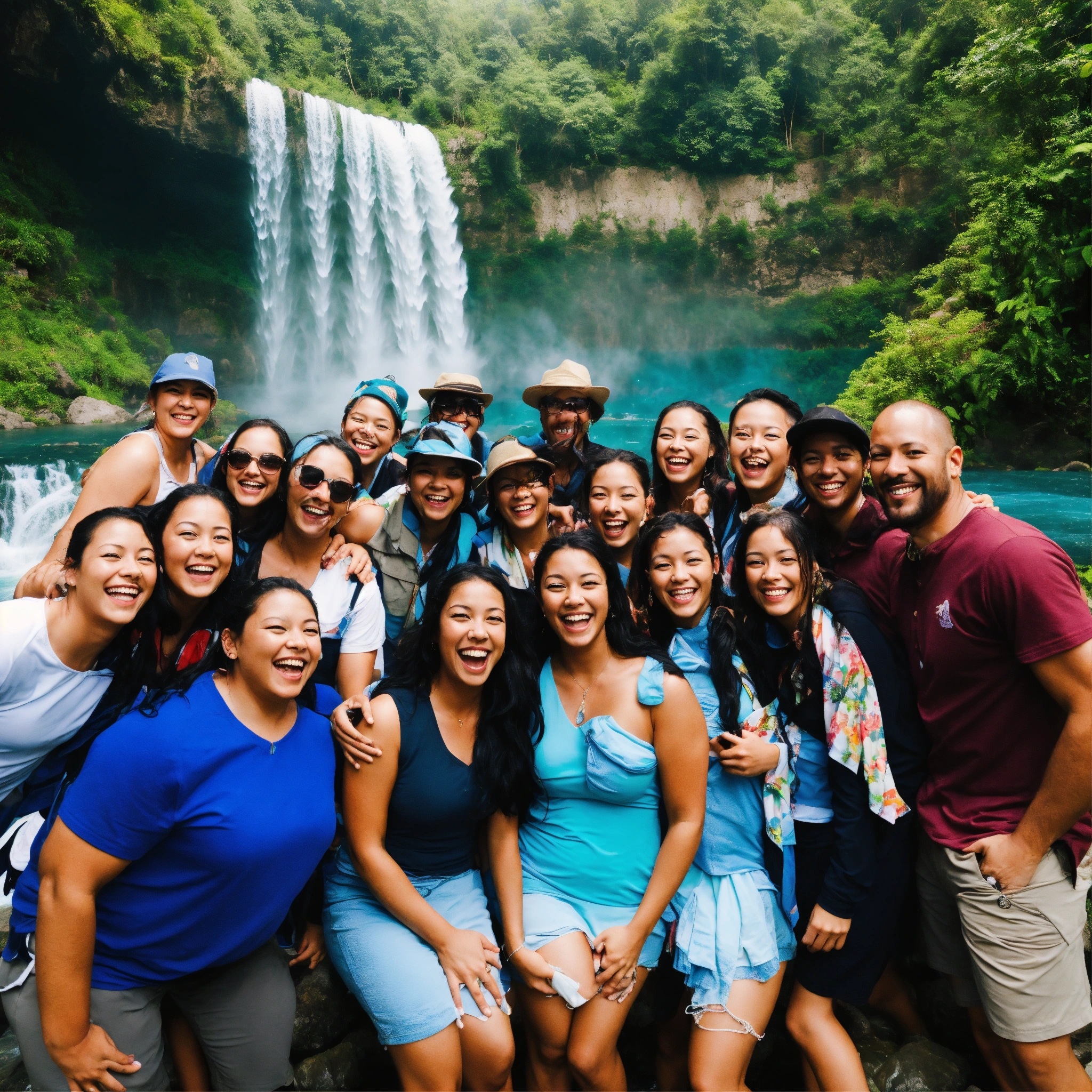 Lexica - A photo of a group of people standing in front of a waterfall ...