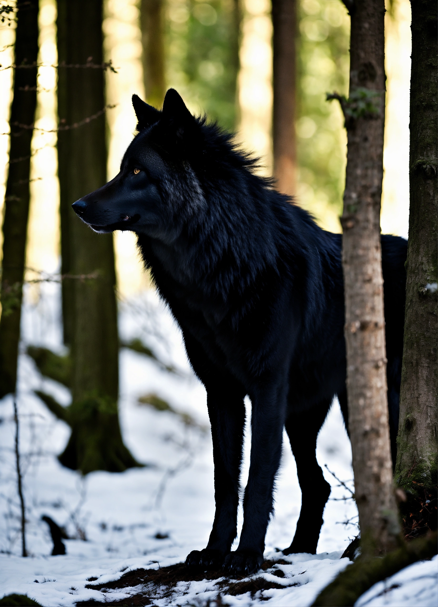 Lexica - Massive, black fur, wolf, in the woods