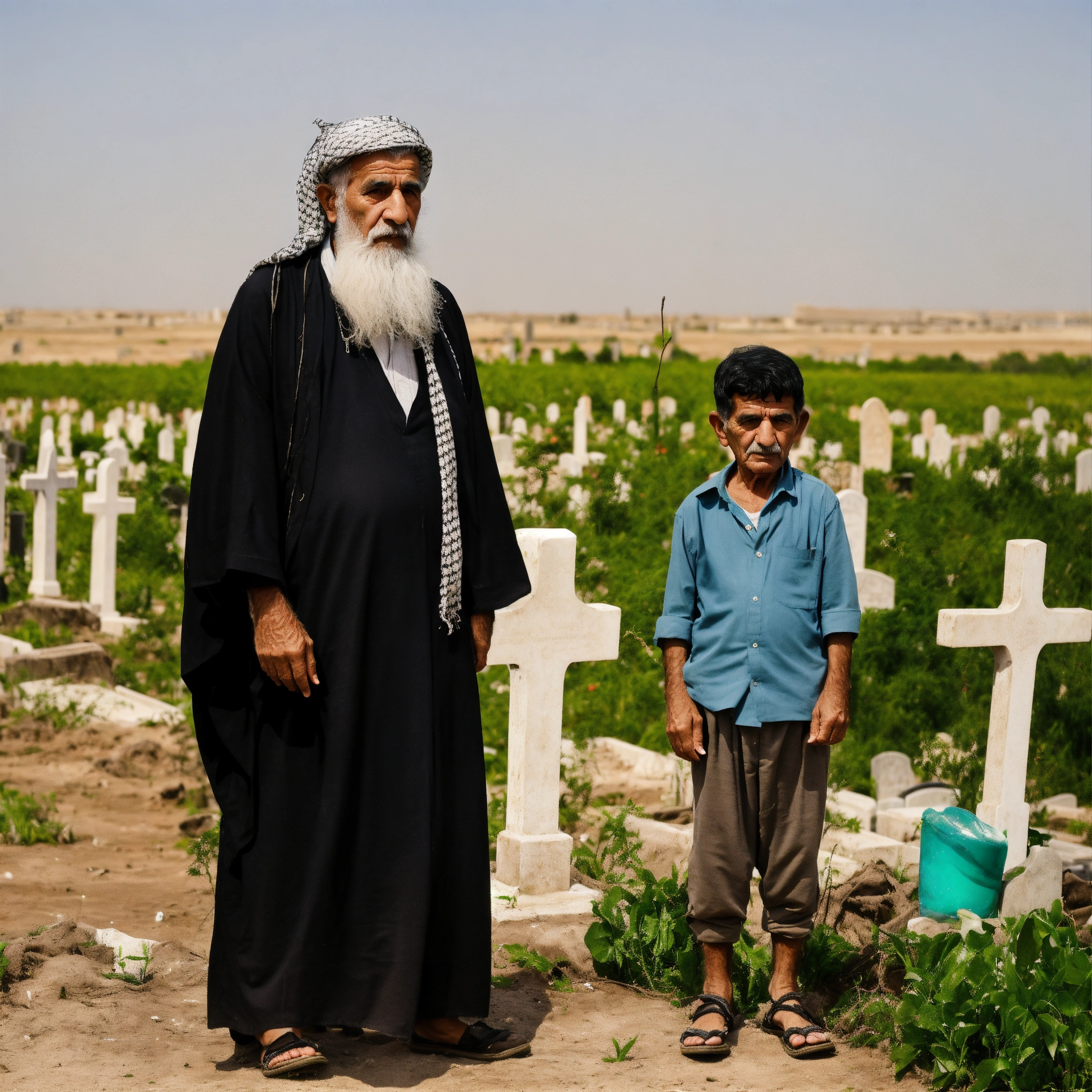 Lexica - An old Iraqi man and his young son standing together in a ...