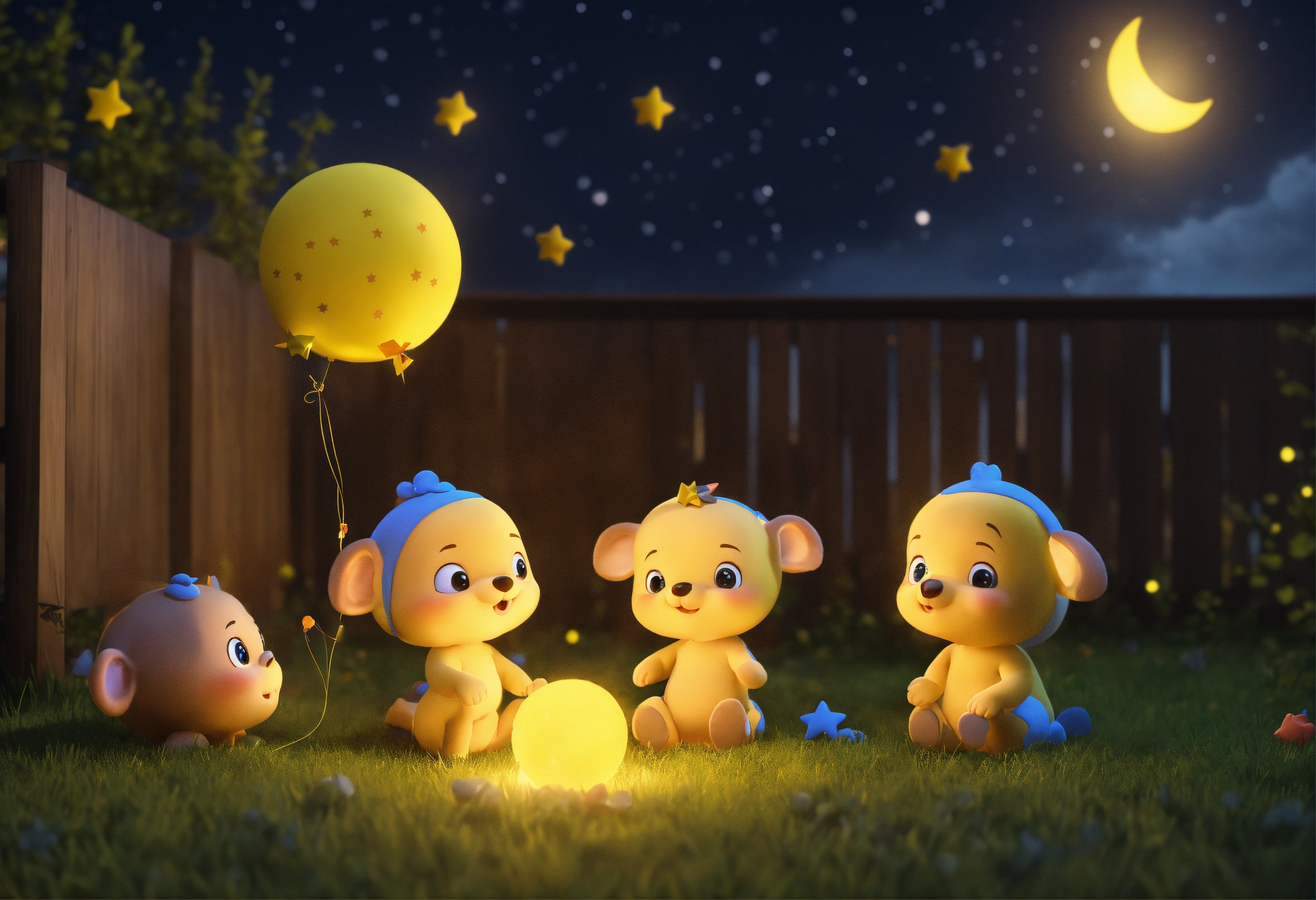 Lexica - On a bright night, Three sweet babies are playing in the backyard. The little yellow ...