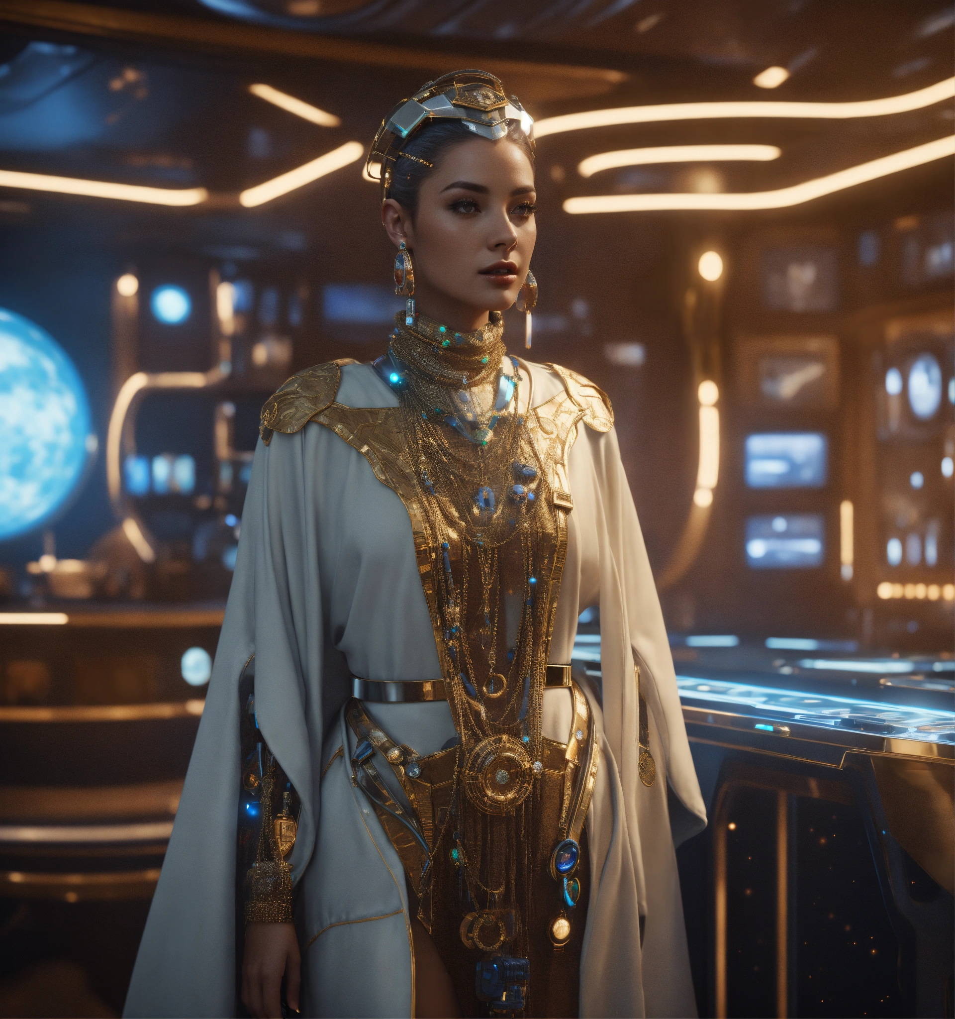 Lexica - Zoom out from an alluring humanoid wearing a fancy space robe ...