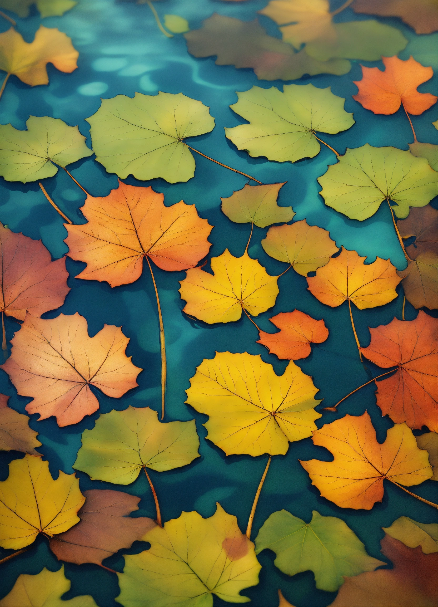 Lexica - Water surface with leaves and reflections, bright colors ...