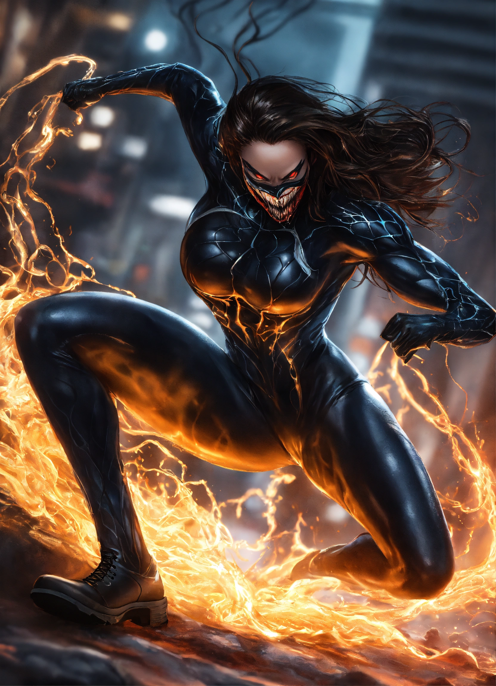 Lexica - An ultrarealistic full body photo of woman in short pants fighting venom symbiote ...