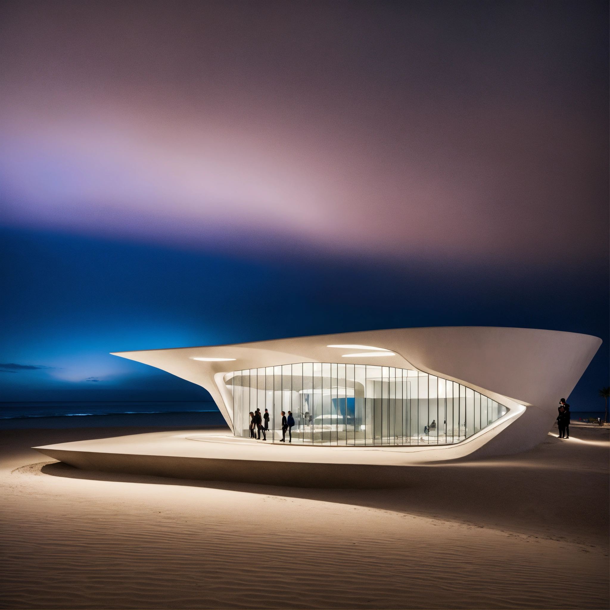 Lexica - Zaha Hadid minimalist museum at the beach made of diamond.