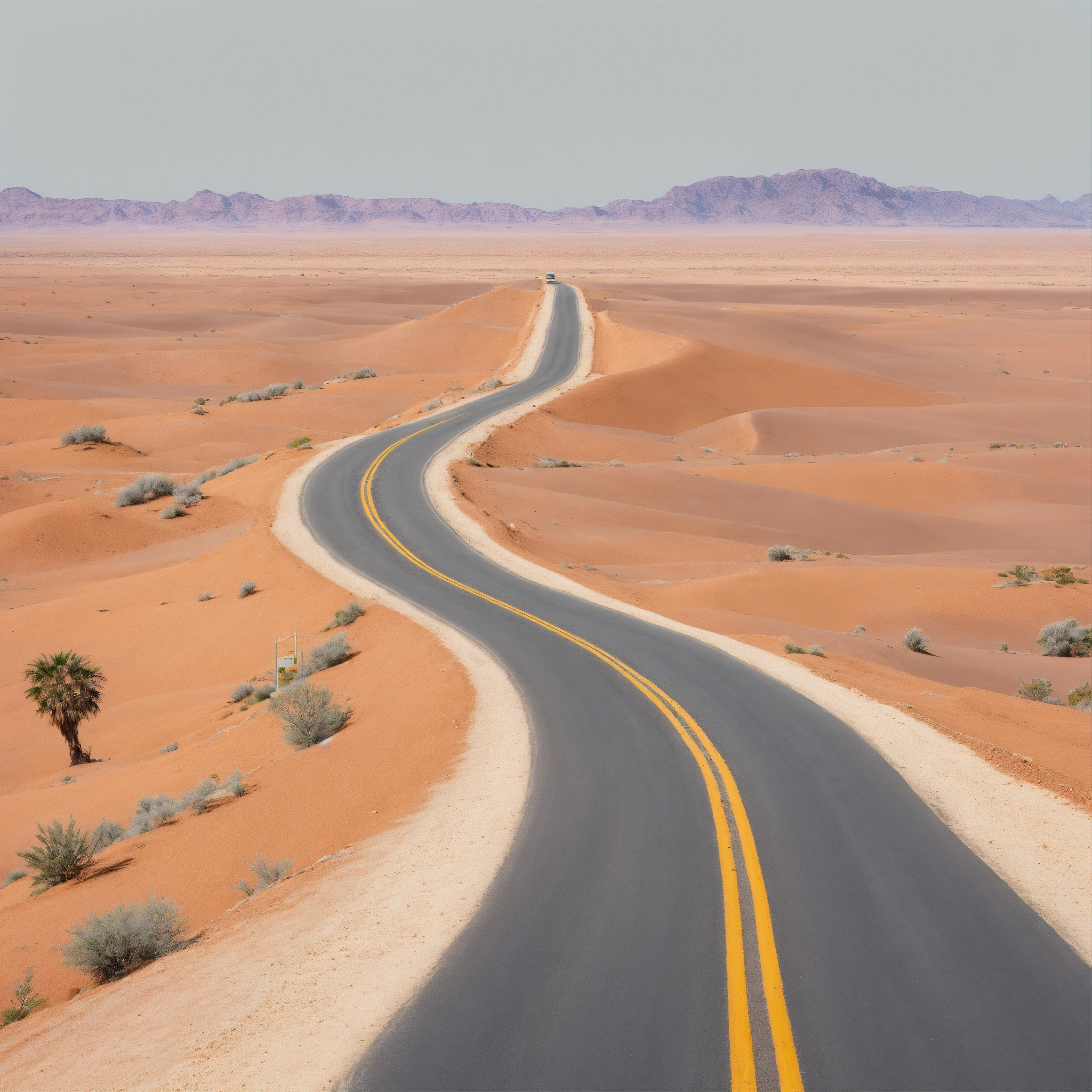 Lexica - A light grey road in a dessert, Wes Anderson Colour