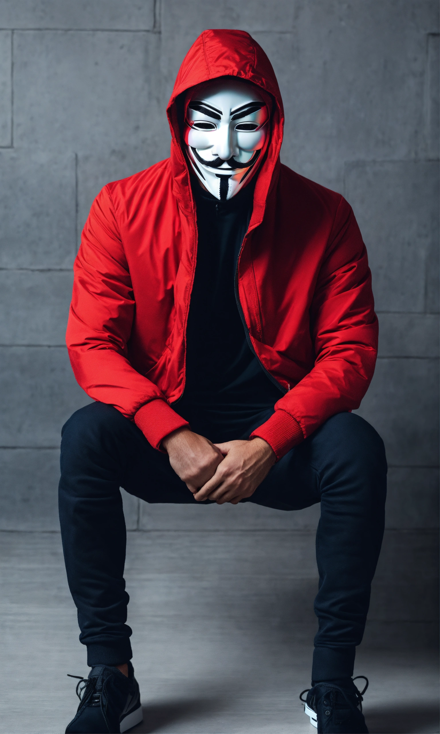 Lexica - Anonymous hacker in red jacket with hidden face with arms crossed