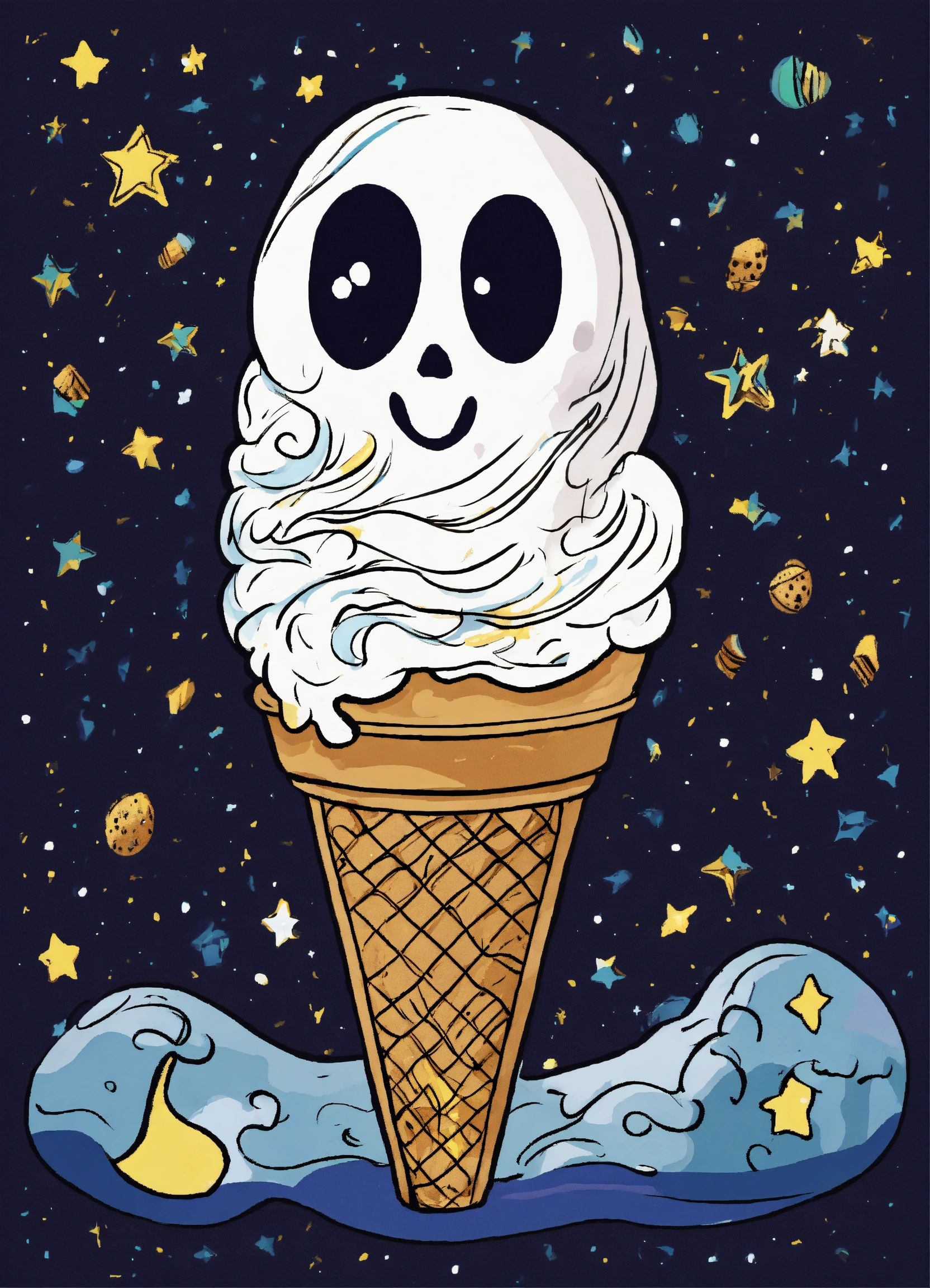 Lexica - Simple ghost eating ice cream doodle png starry night background