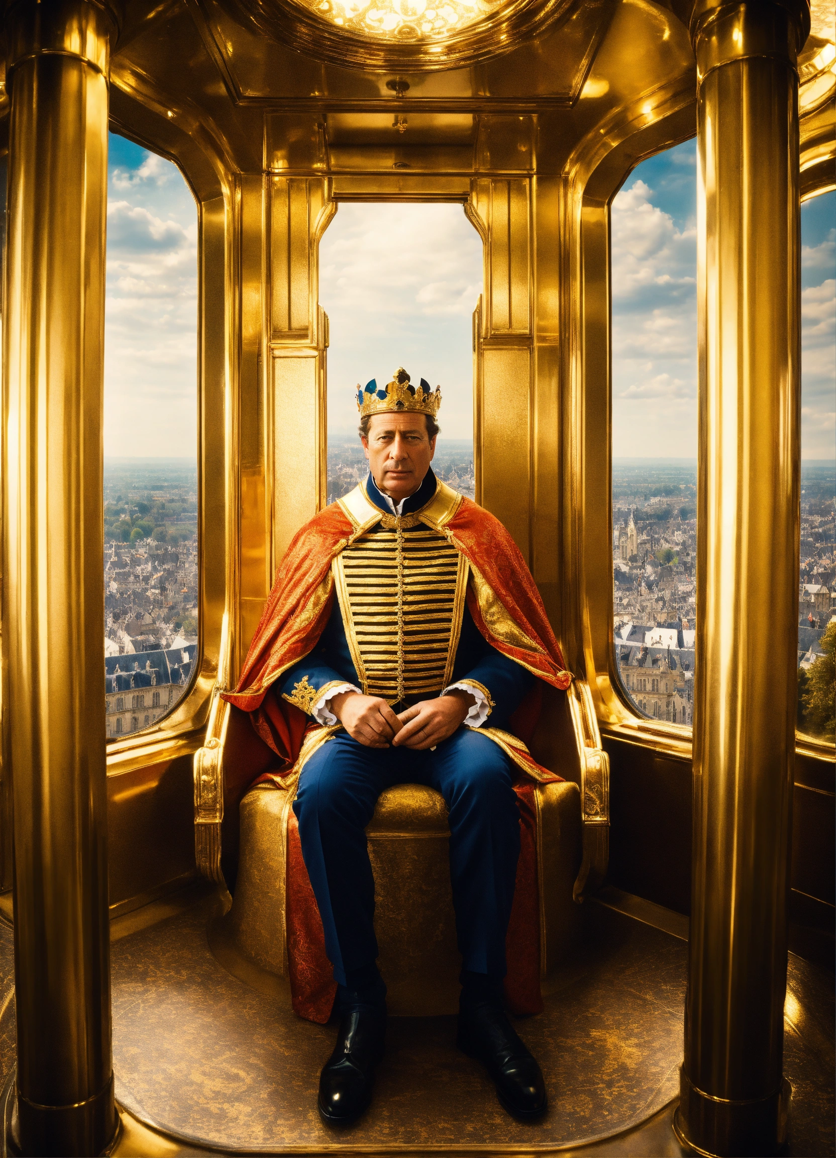 Lexica - King sitting inside Flying capsule gold elevator tower pole ...