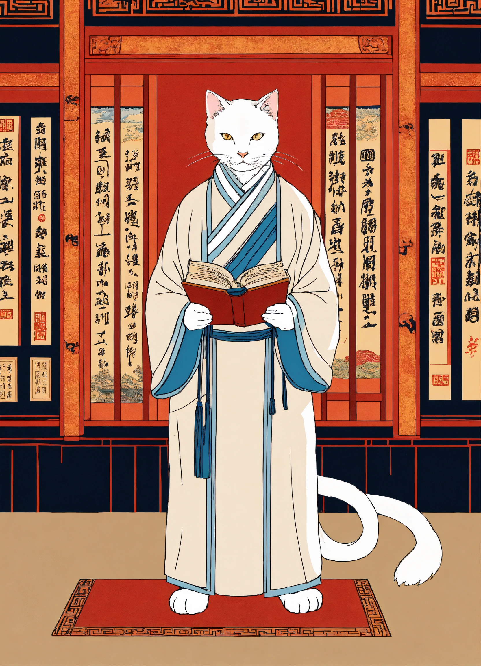 Lexica - A pure white cat in Han Dynasty attire, standing in an ancient ...