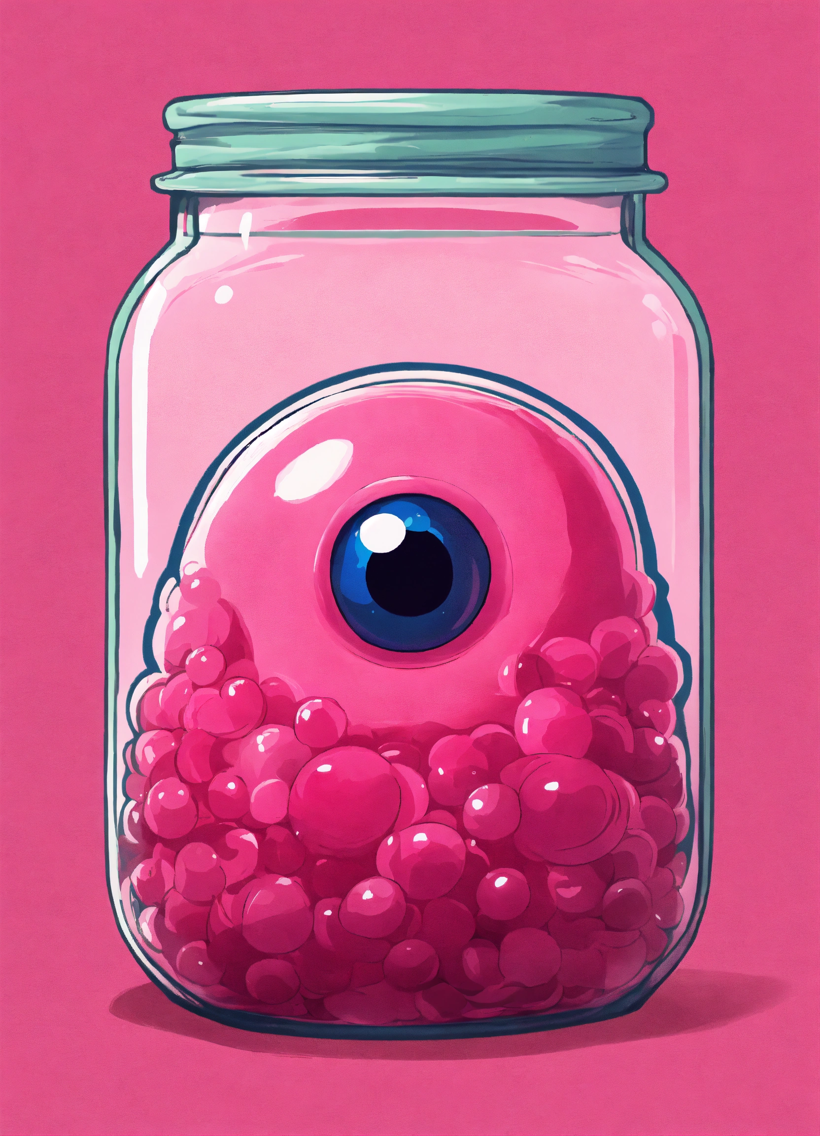 Lexica - A kawaii hot pink blob cyclops in a jar. It has one eyeball ...