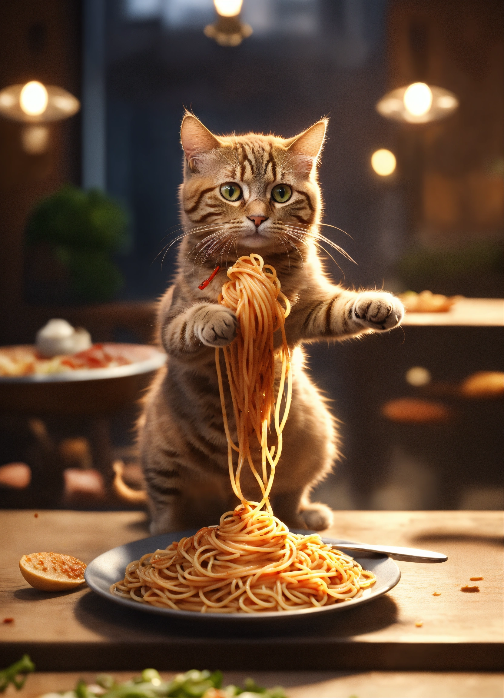 Lexica - A cat standing on 2 legs, eating spaghetti, unreal engine ...