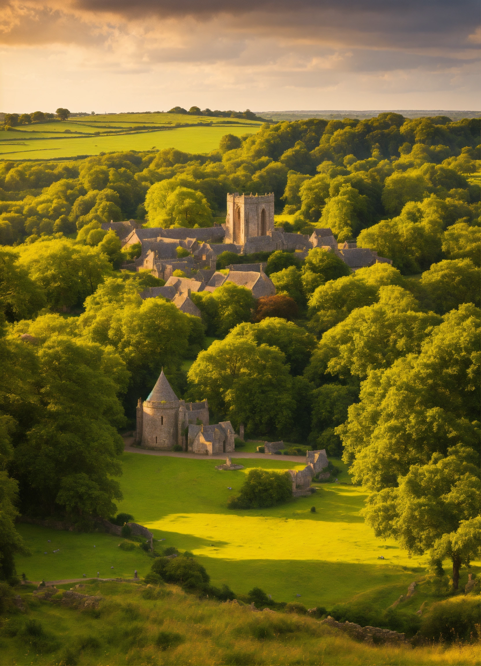 Lexica - An Anglo Saxon city with landmark monuments in a lush landscape.