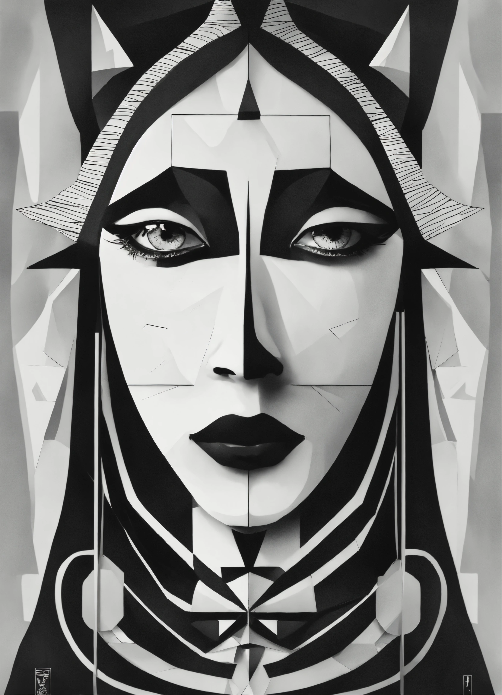 Lexica - Witch face, black and white, minimalistic, picasso art