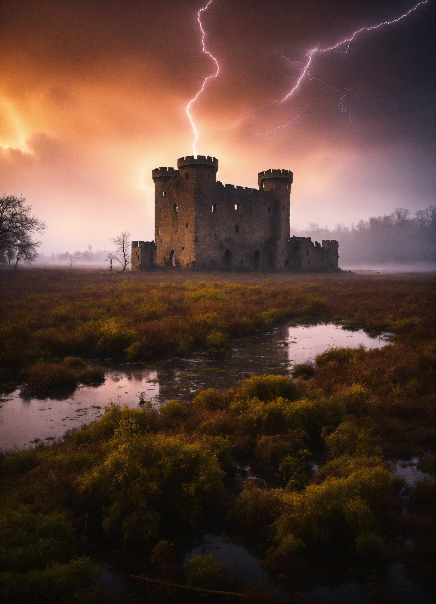 Lexica - Ruin of a stone castle in the middle of a foggy barren swamp ...