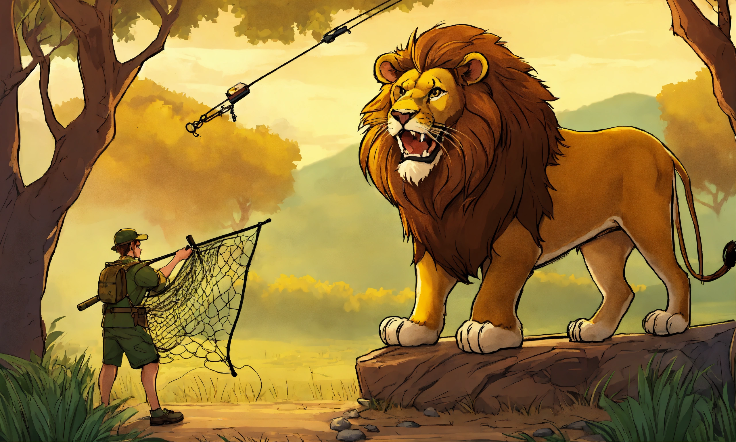 Lexica - Cartoon hunter caught big lion with the help of net and hooked ...