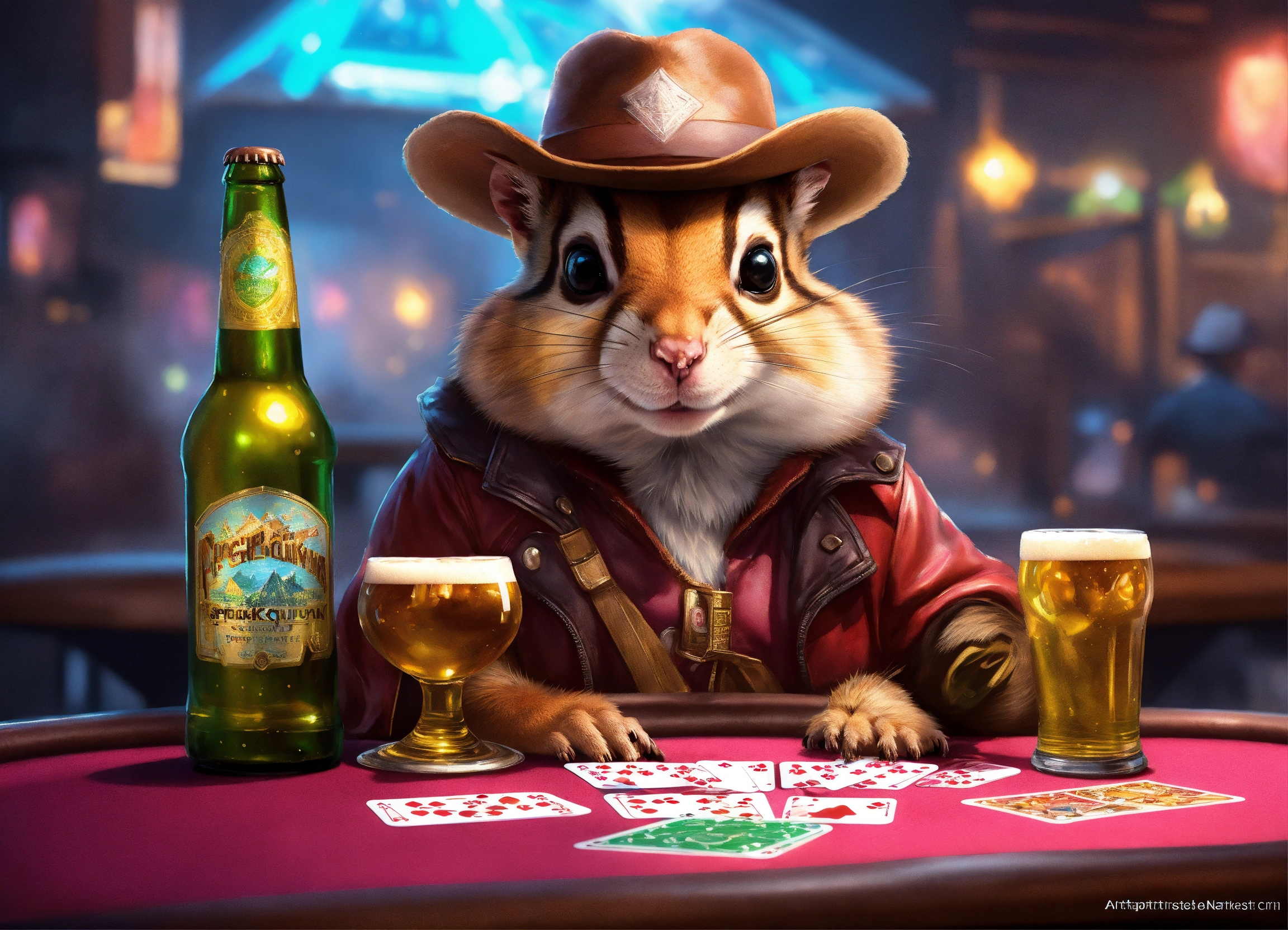 Lexica - Poker chipmunk cowboy drinks beer at speckled pink cyber ...