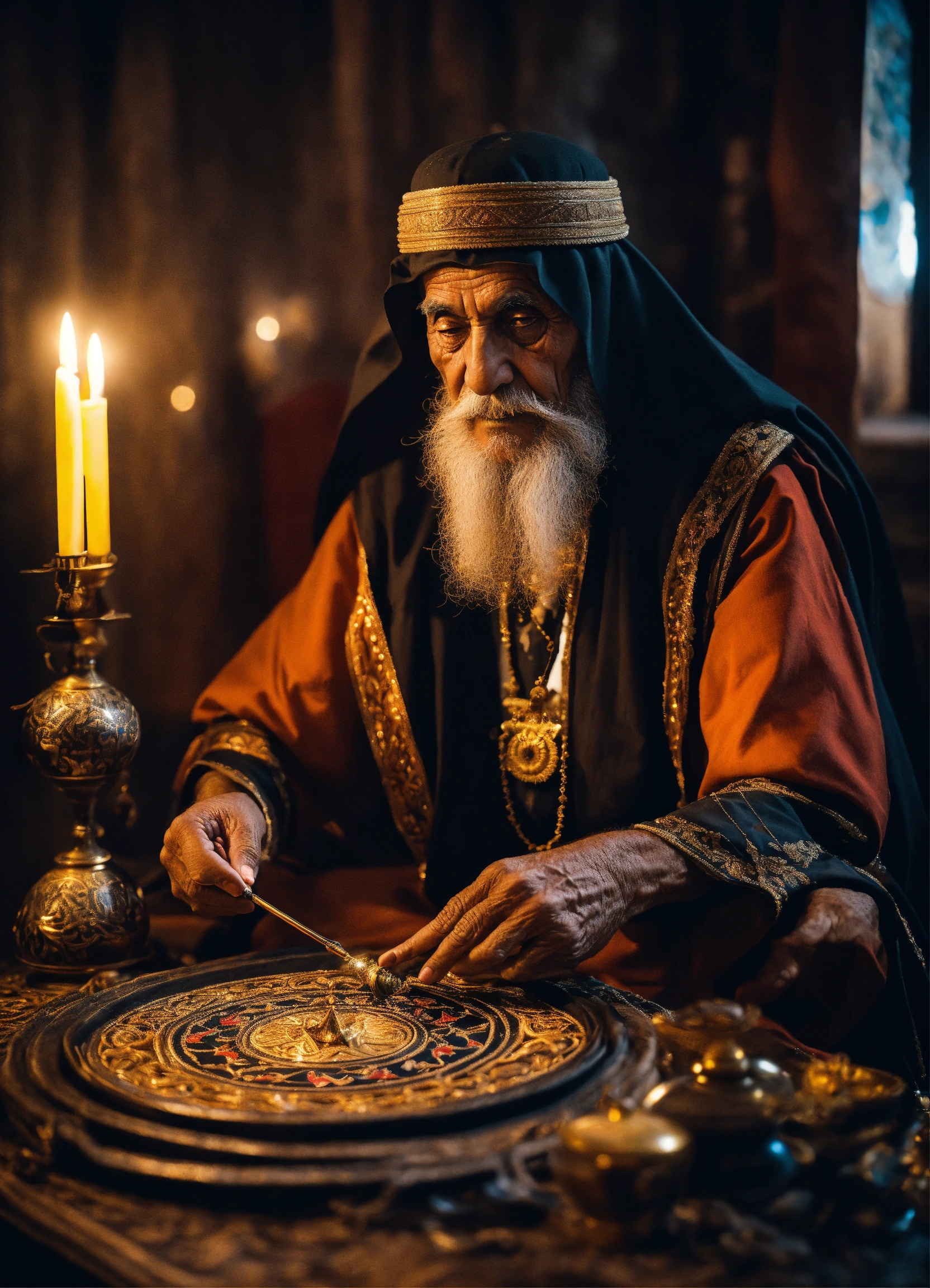 Lexica - An old Arabian magician creating a charm. Scary vibes.