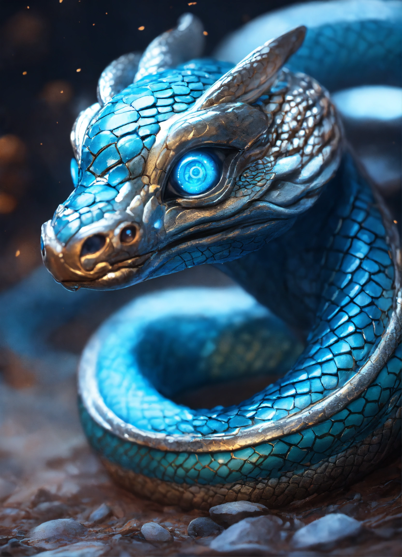 Lexica - A cute serpent in blue and silver, dazzling eyes and a third ...