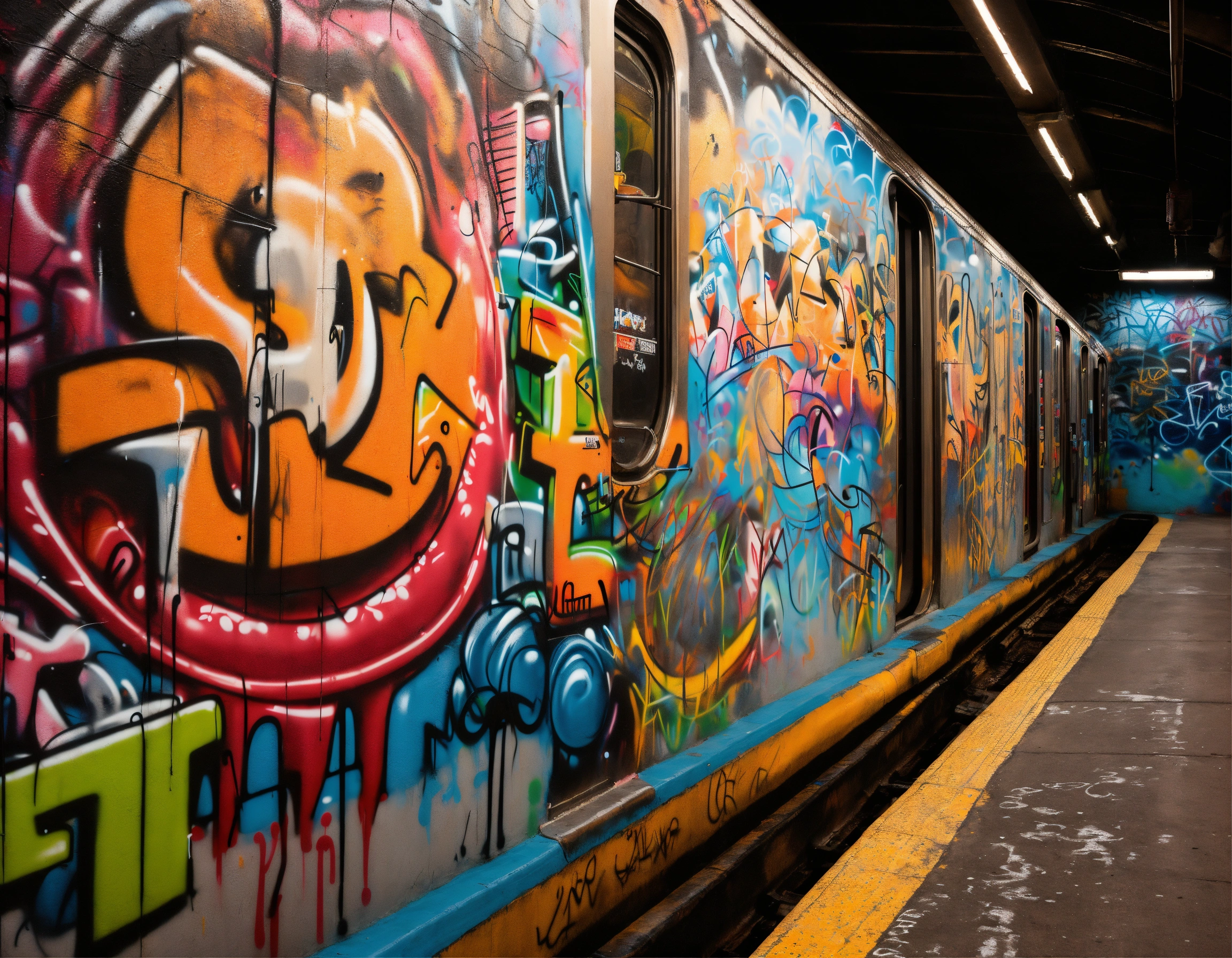 Lexica - Realistic graffiti on an alleyway wall of a NY subway with ...