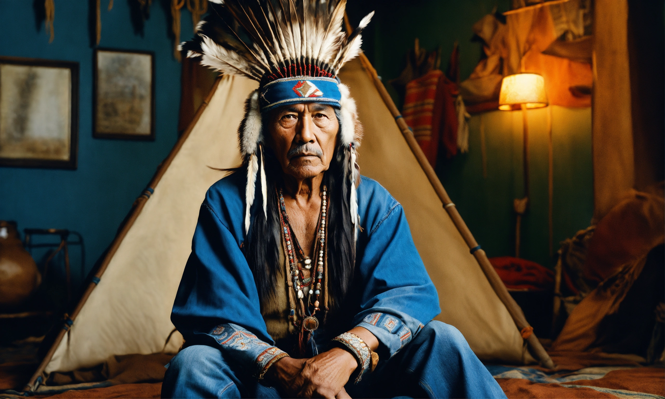 Lexica - Portrait of an old native American man, looking directly into ...