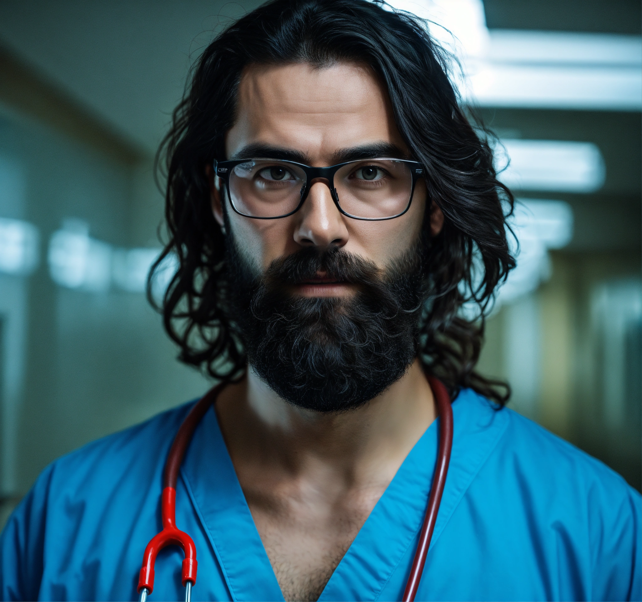 Lexica - Hospital nurse man with black long hair, and beard with ...