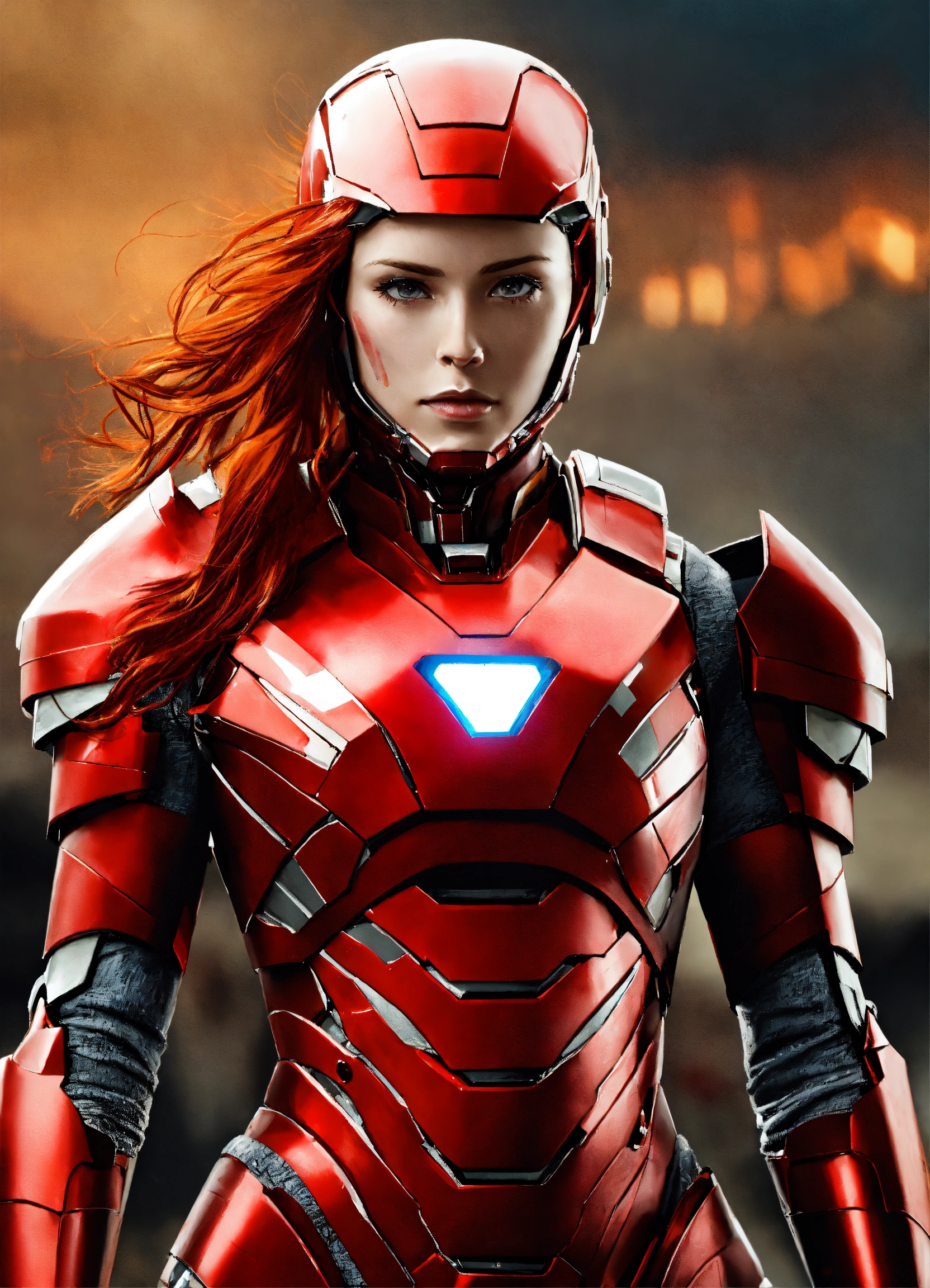 Lexica - Female athletic red hair wearing white metal Iron Man armor ...