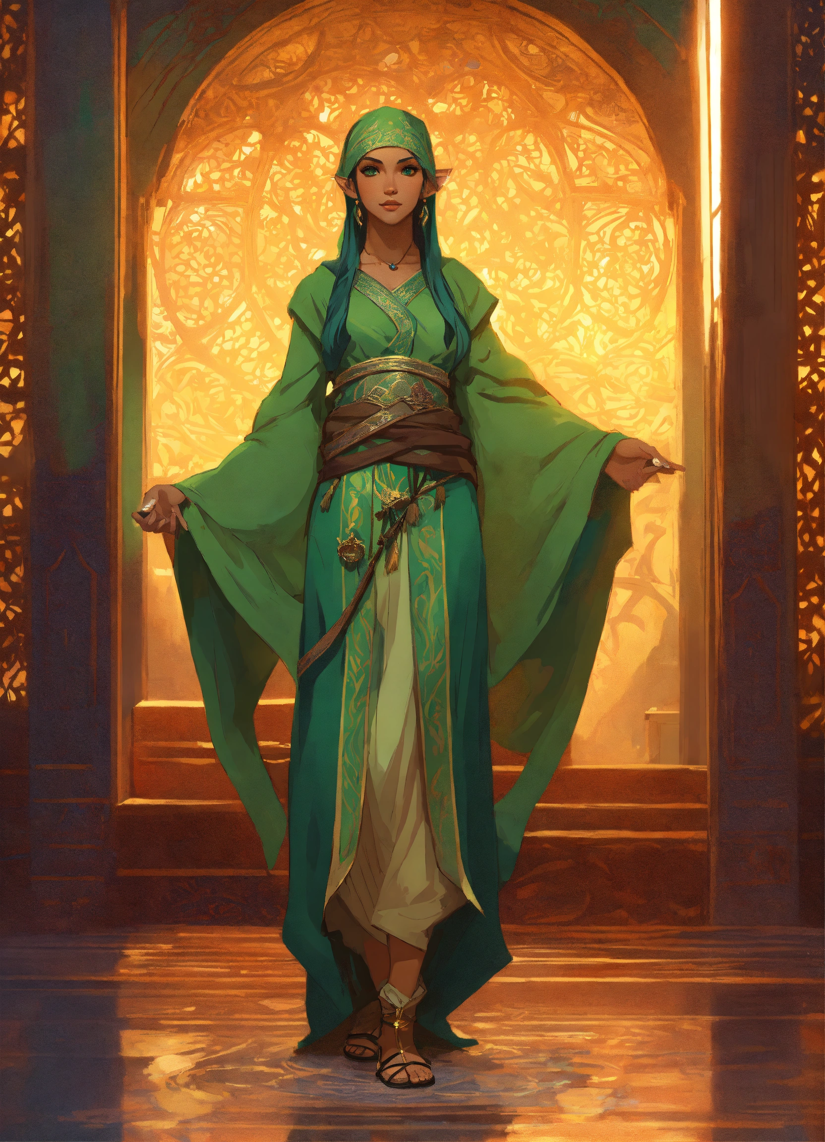 Lexica - Female elf timurid sorcerer, Turkish, green eyes, tan skin ...
