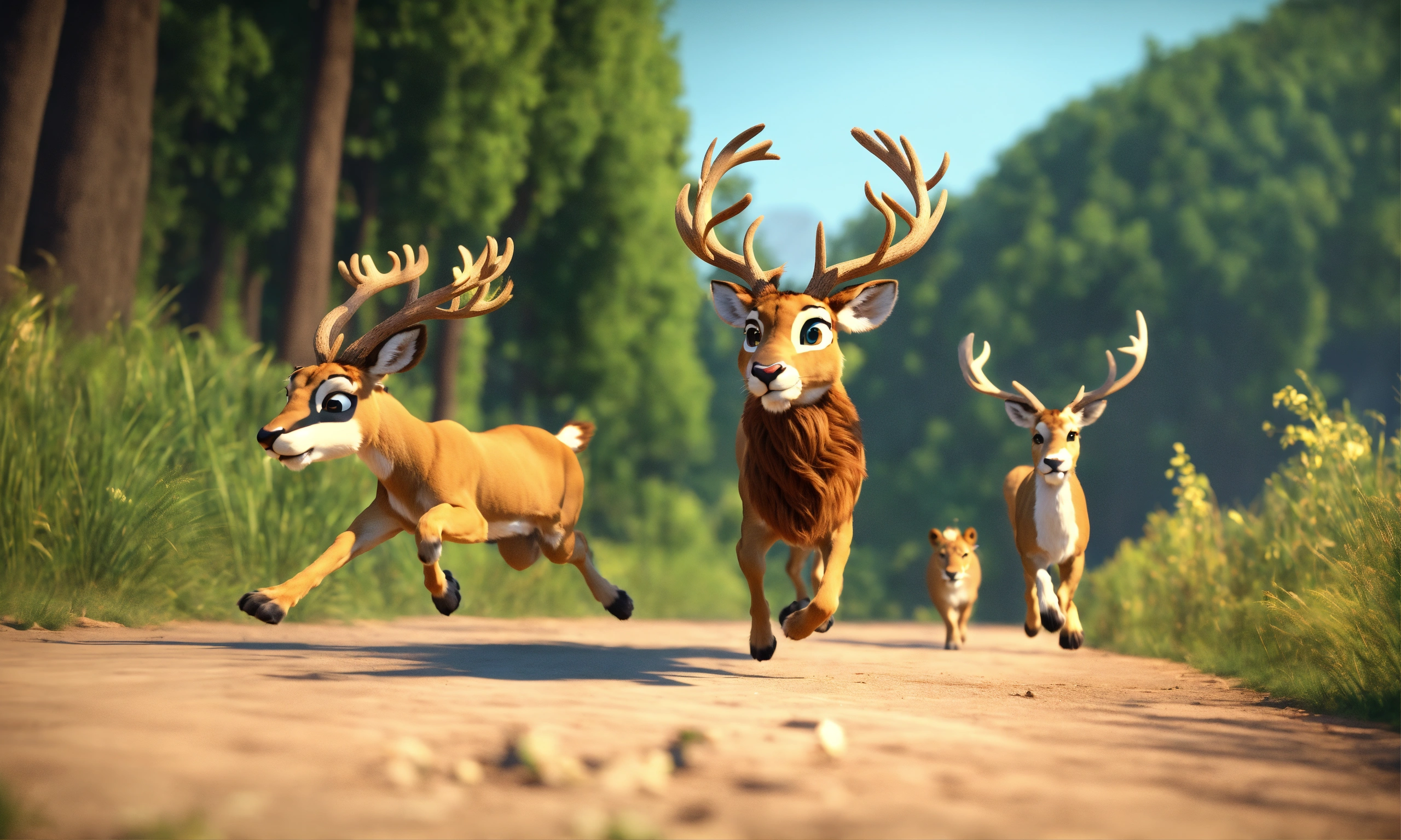 Lexica - 3d animation style cartoon deer running ahead behind it lion ...
