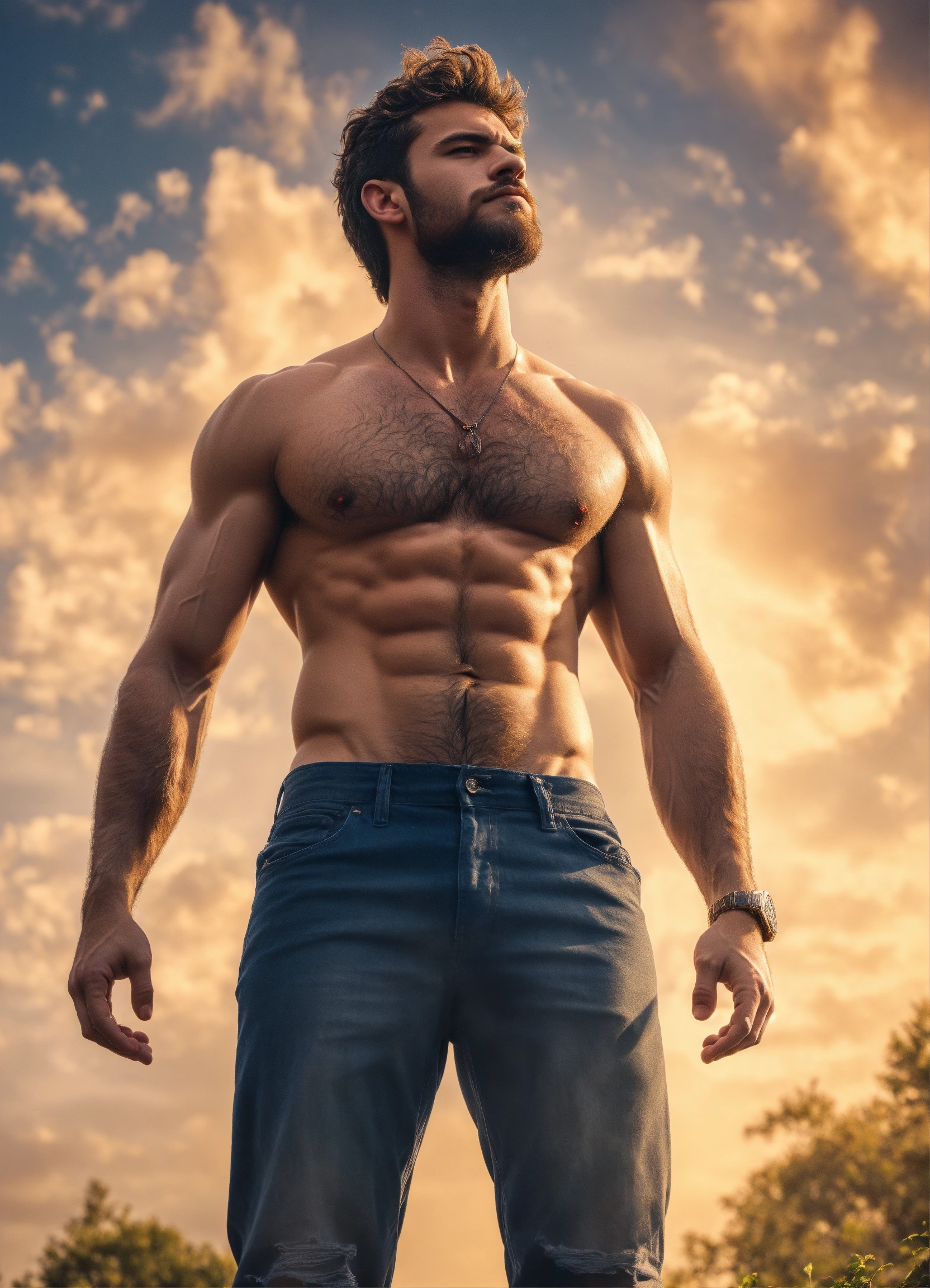 Lexica - Gorgeous well built guy, open shirt, hairy chest, looking up ...