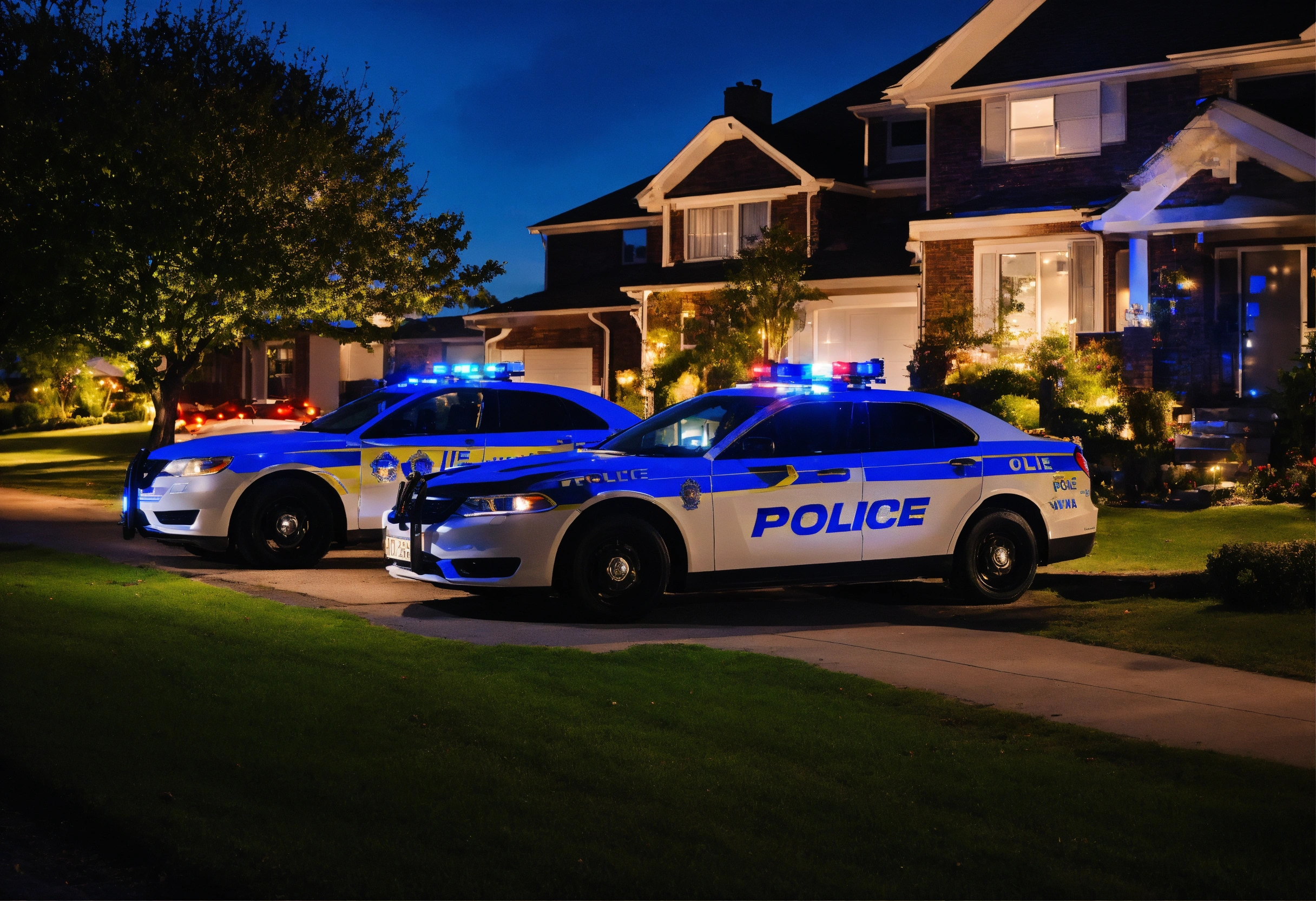 Lexica - 5 police cars outside a house all with lights on