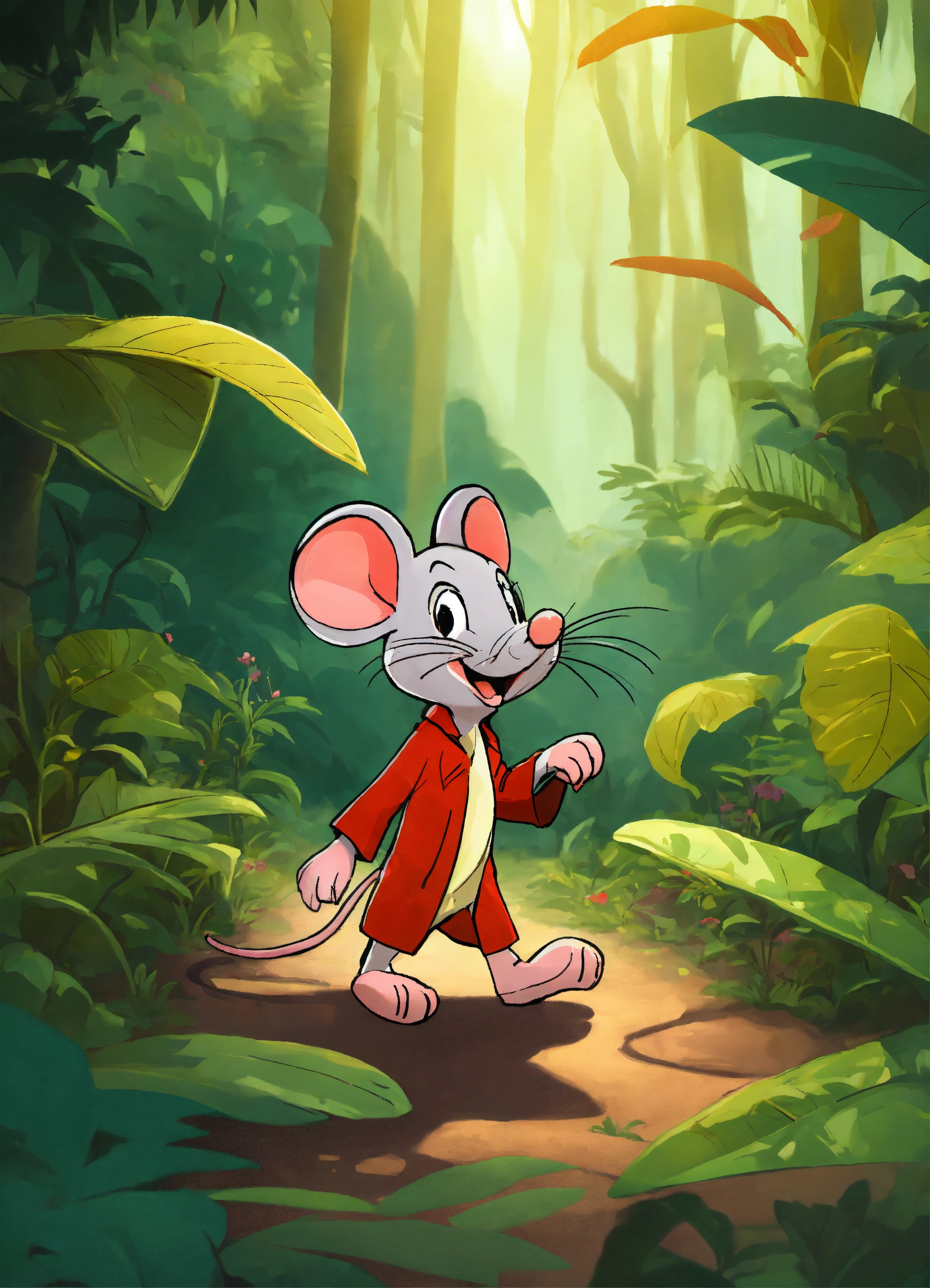 Lexica - Cartoon mouse walking in dense jungle