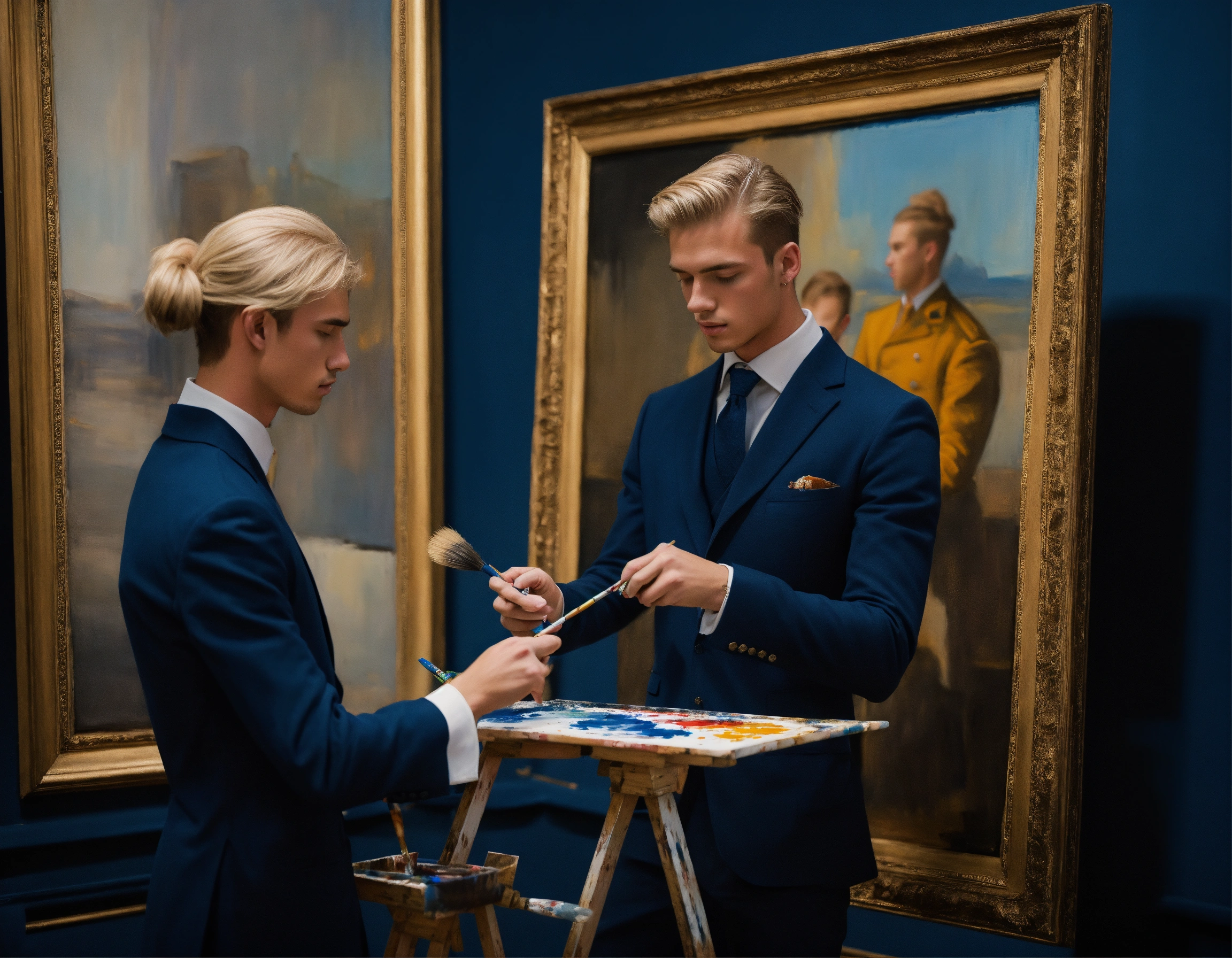 Lexica - A young blonde male painter in navy vested suit painting a ...