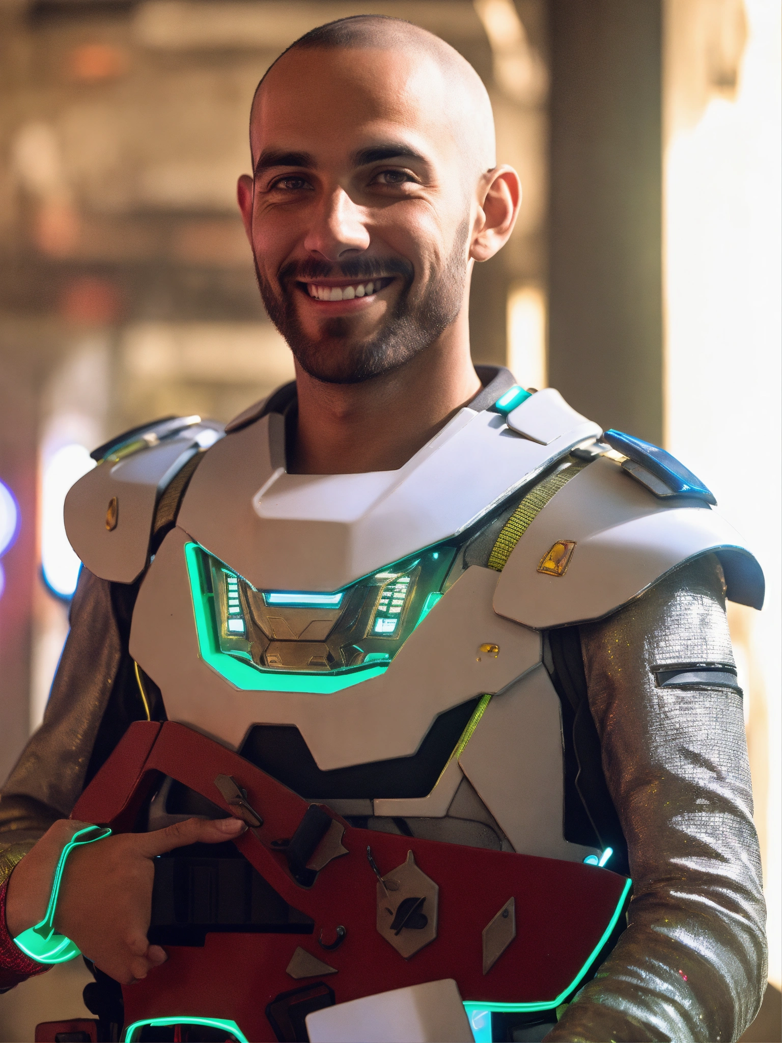Lexica - This israeli man in the photo with neon light combat armor as ...