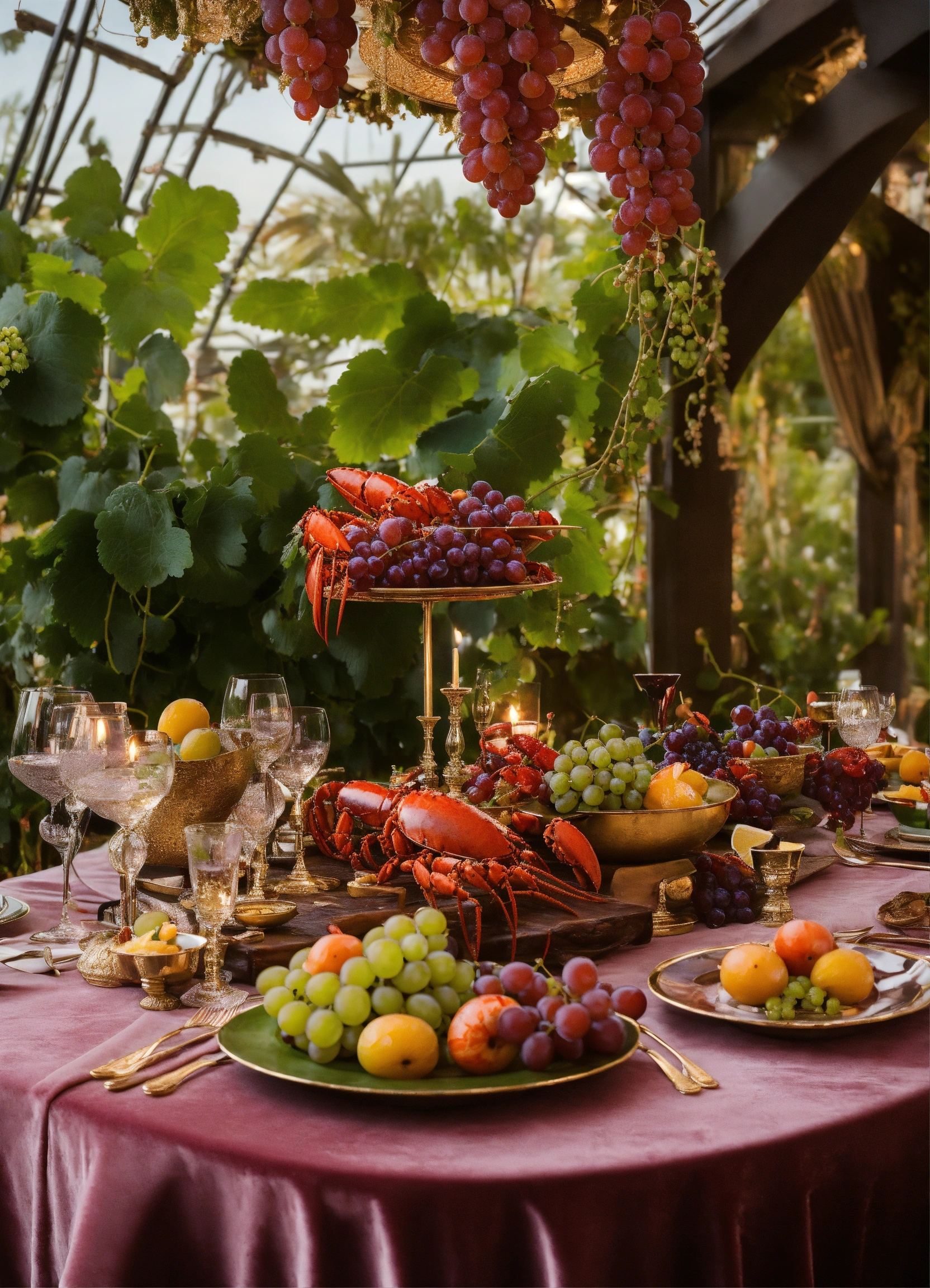 Lexica - A decadent table with grapes, lobster, food canopy, tropical ...