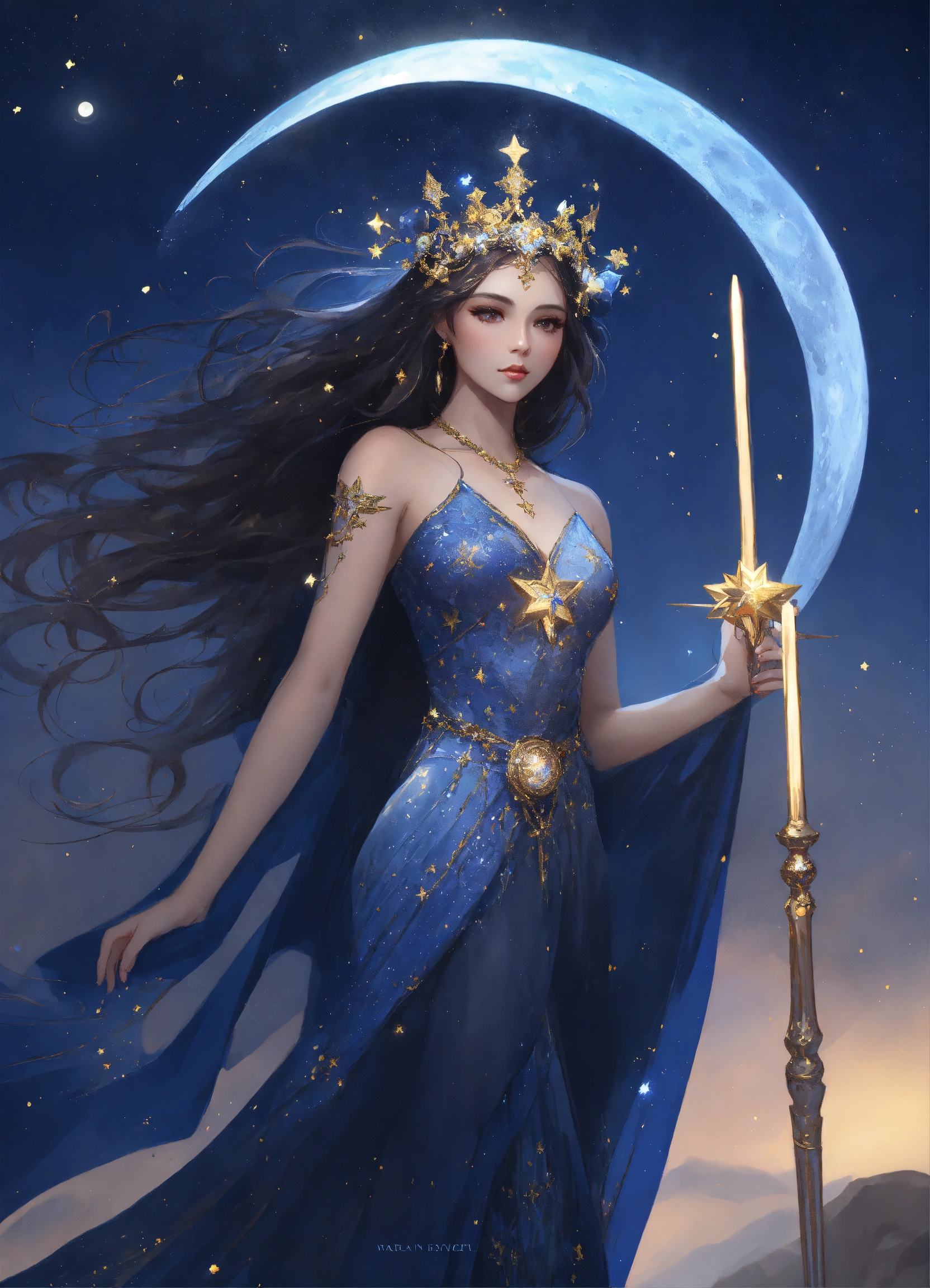 Lexica - Moon goddess holding a staff, highly detailed star crown ...