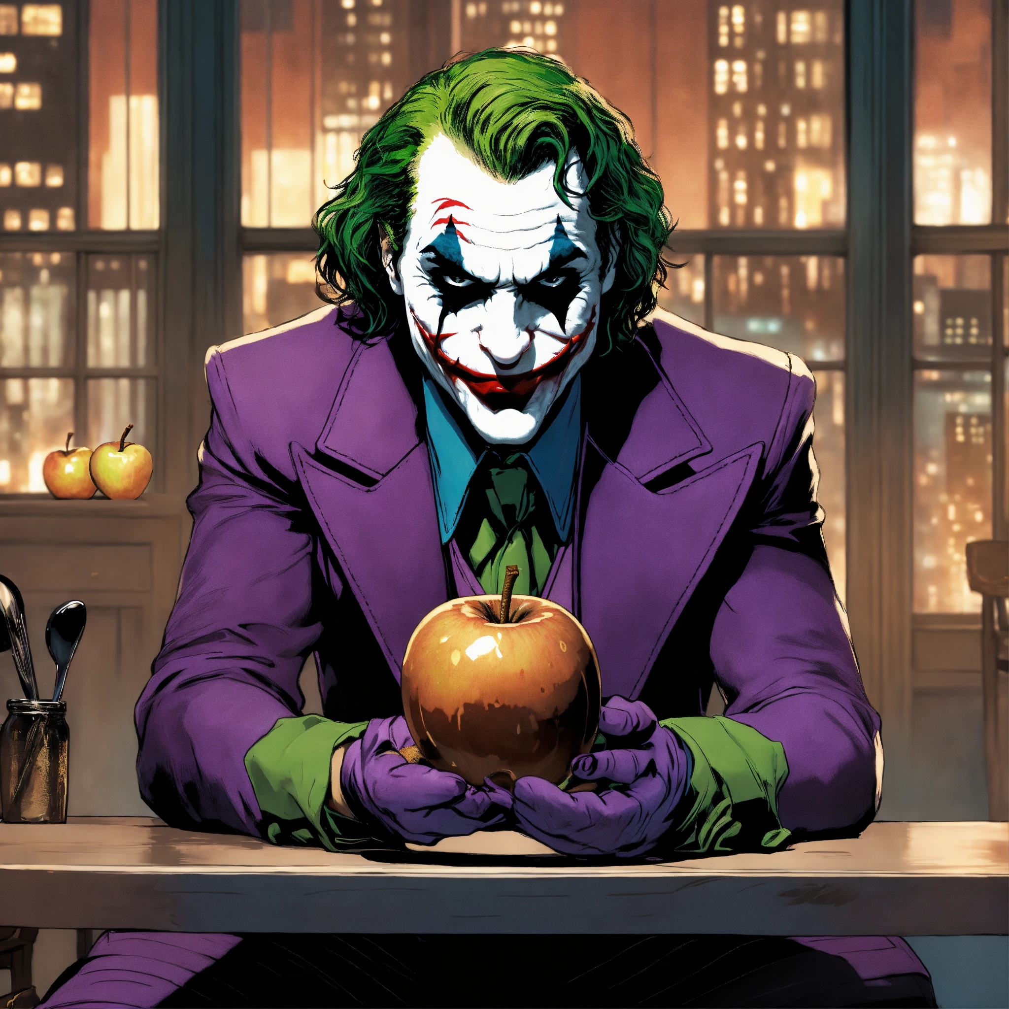 Lexica - Joker holding a caramel apple in his hands sitting at a table ...