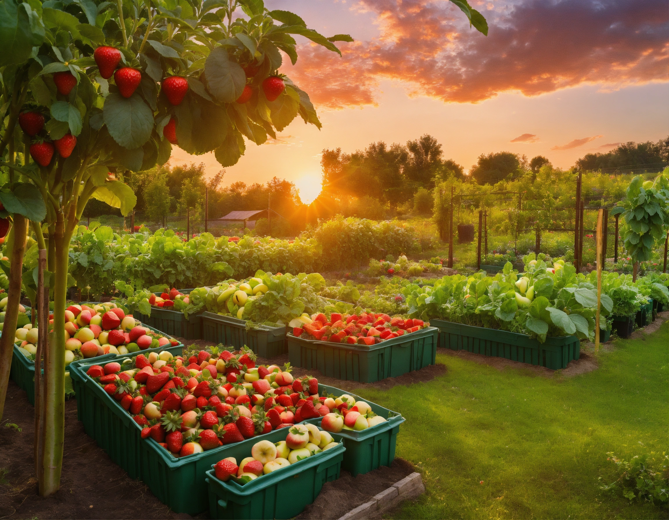 Lexica - Sunset over a heavenly vegetable garden surrounded by apple ...
