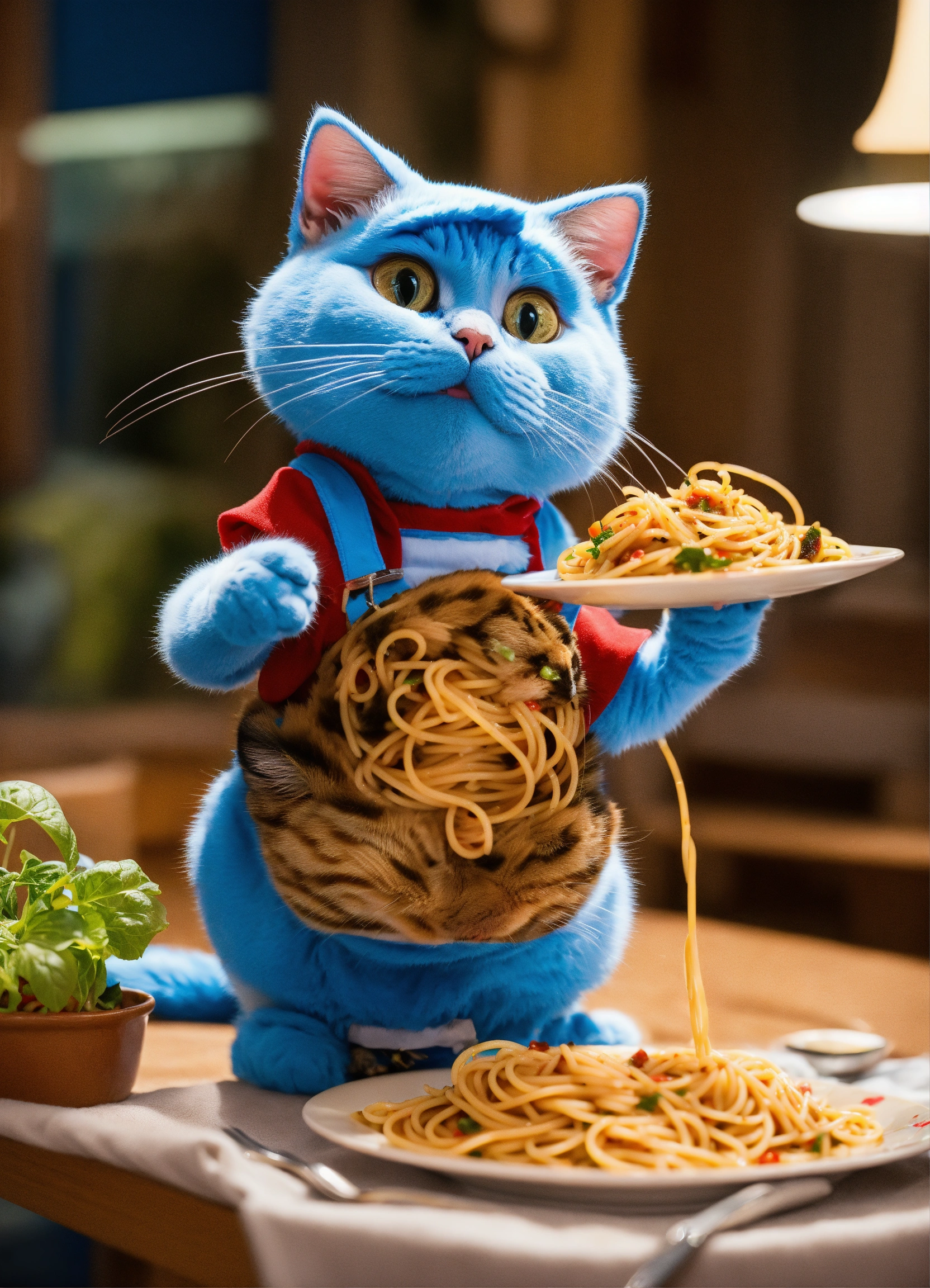 Lexica - Cat Smurf 8k wearing a dress and eating spaghetti
