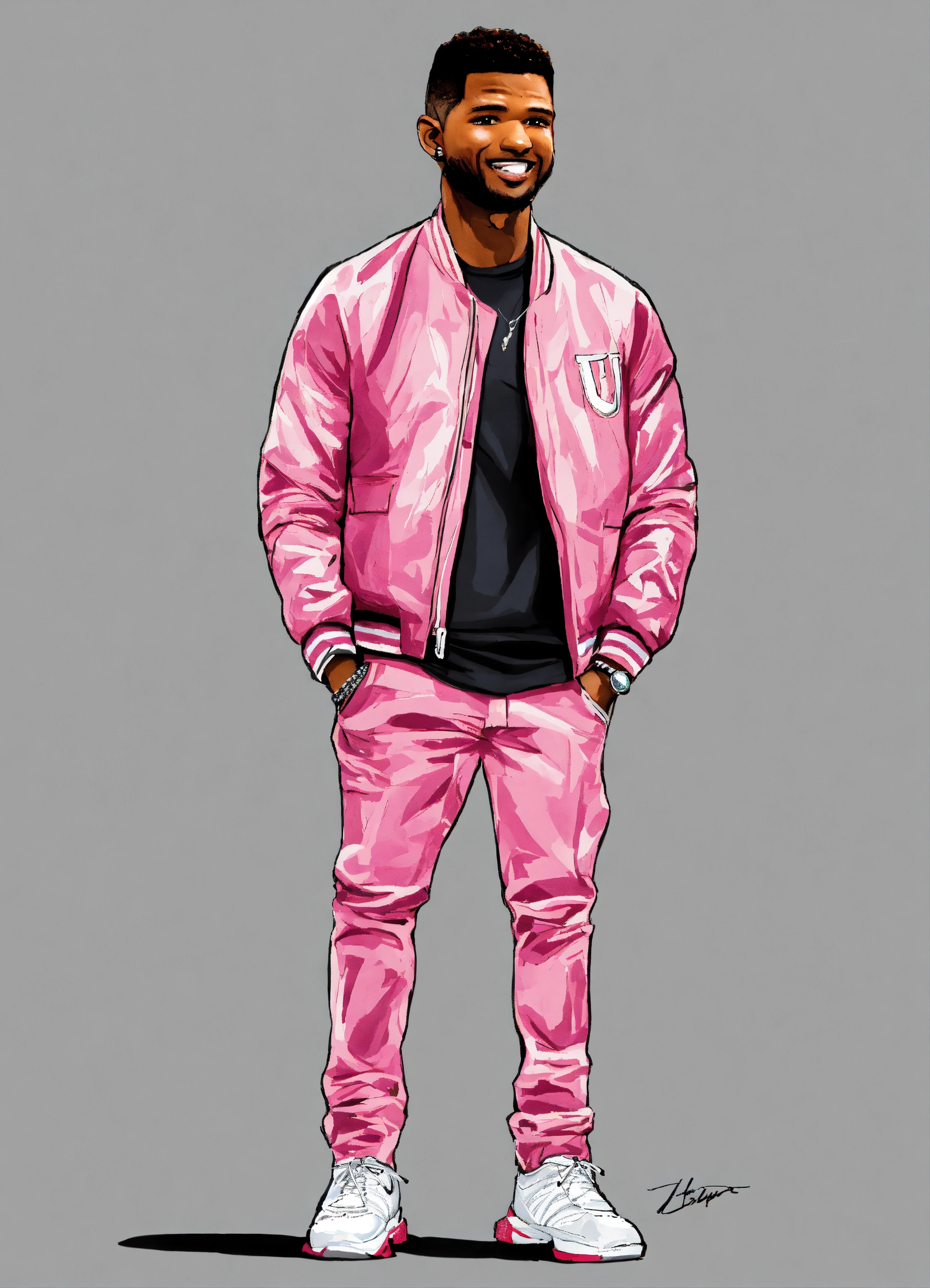 Lexica - FULL BODY IMAGE OF USHER CARICATURE DRESSED IN WHITE & PINK ...