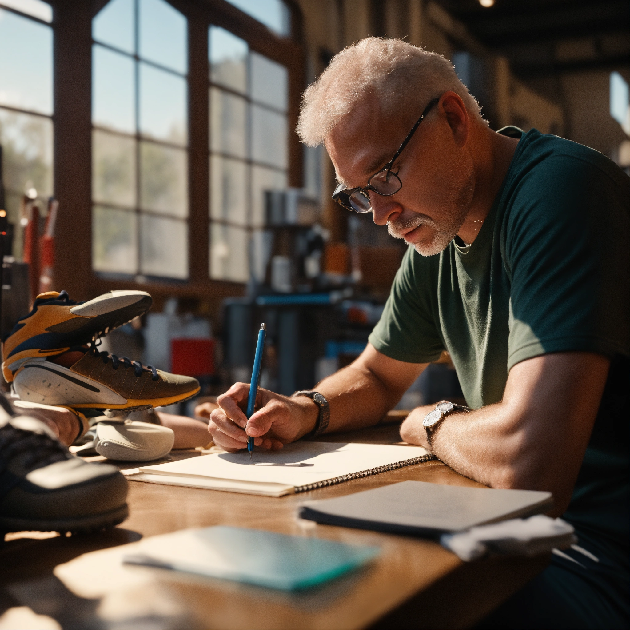 Lexica - 8k HDR photo Phil Knight writing a paper and studying sneakers ...