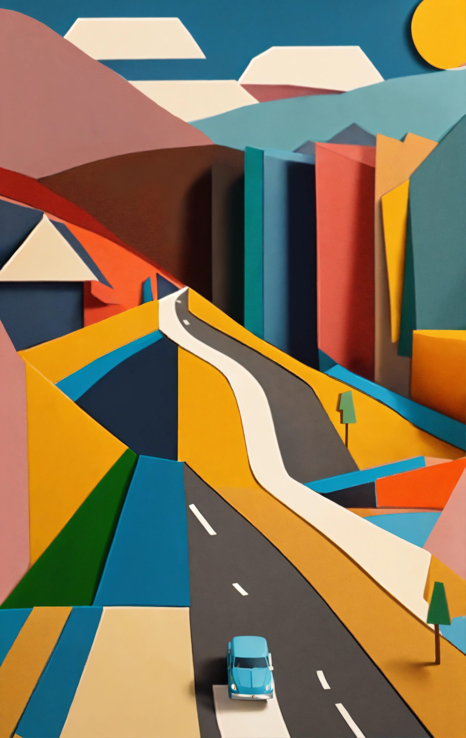 Lexica - Abstract paper collage art depicting a car on a long road ...