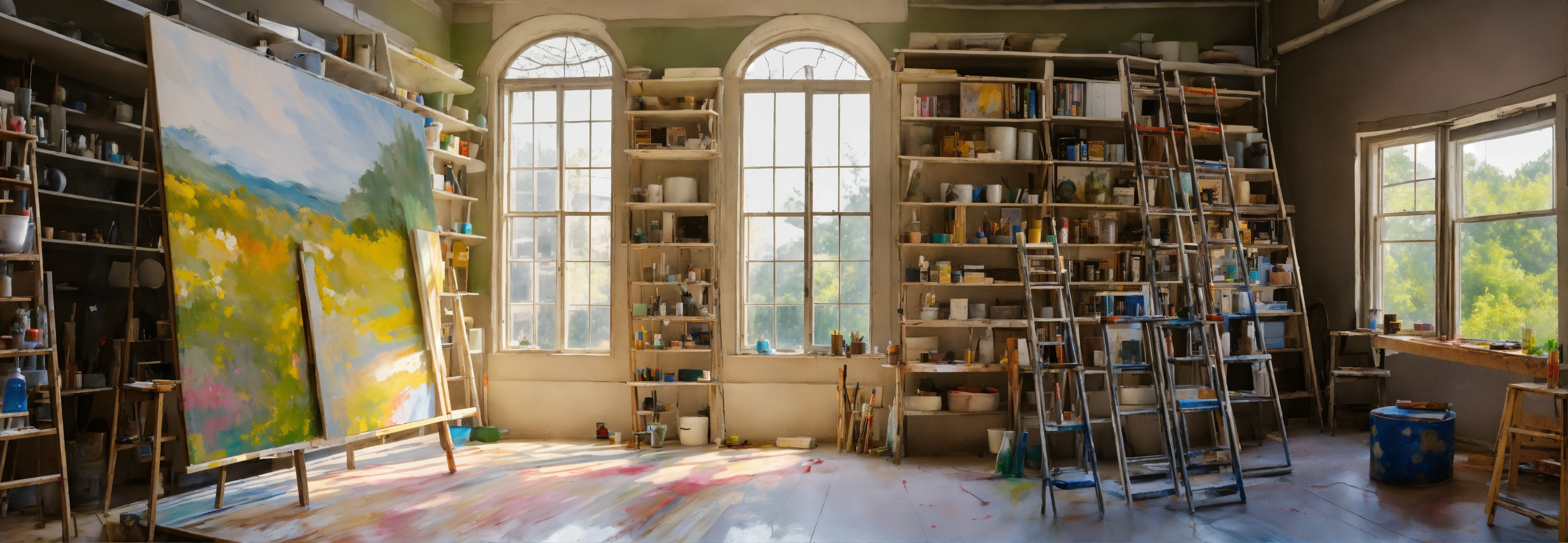 Lexica - Concept art of an art studio, paintings on a canvas, stacked ...