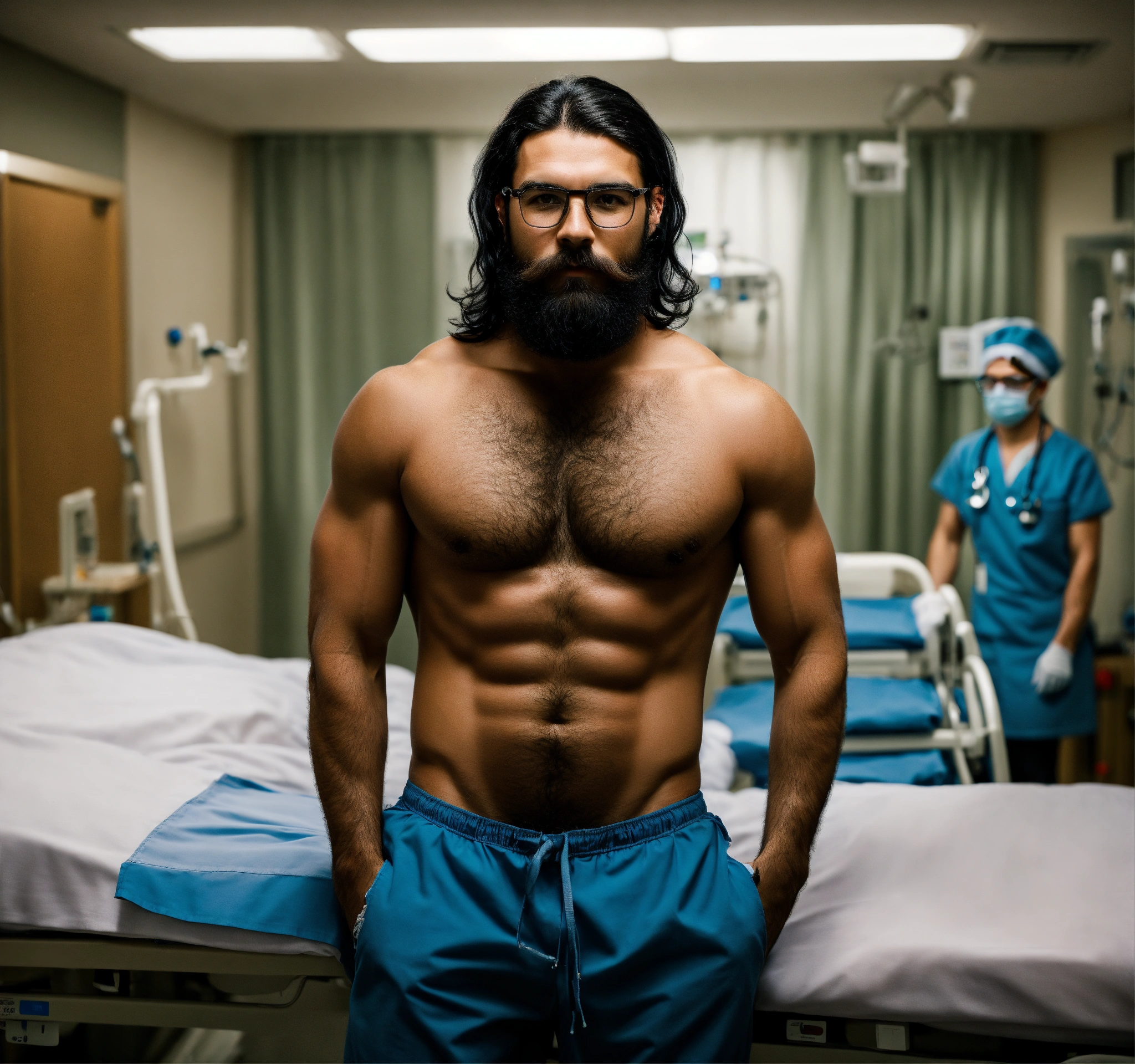 Lexica - Hospital nurse man with black long hair, and beard with ...