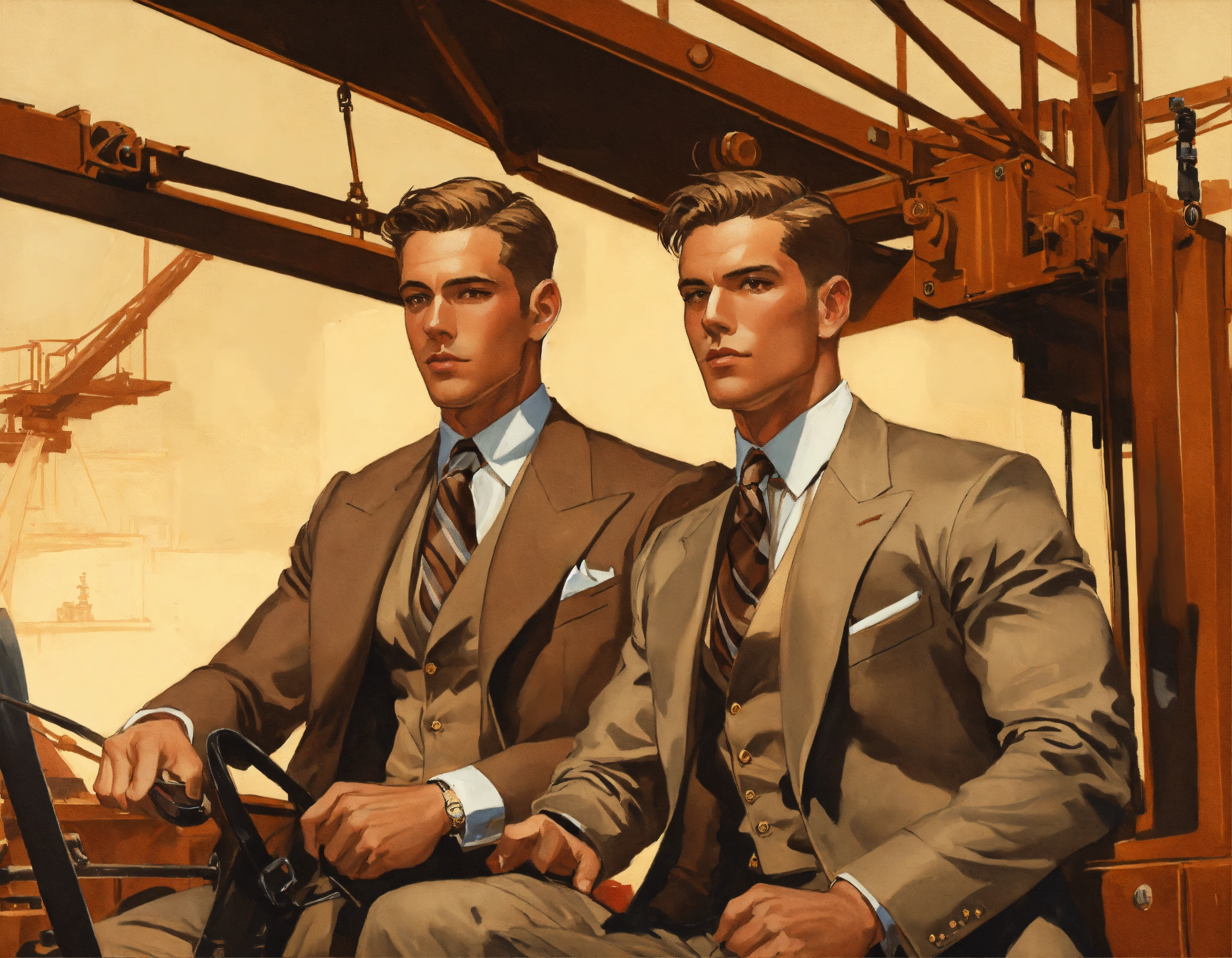 Lexica - Two muscular male Ceo in brown double breasted suit, club tie ...