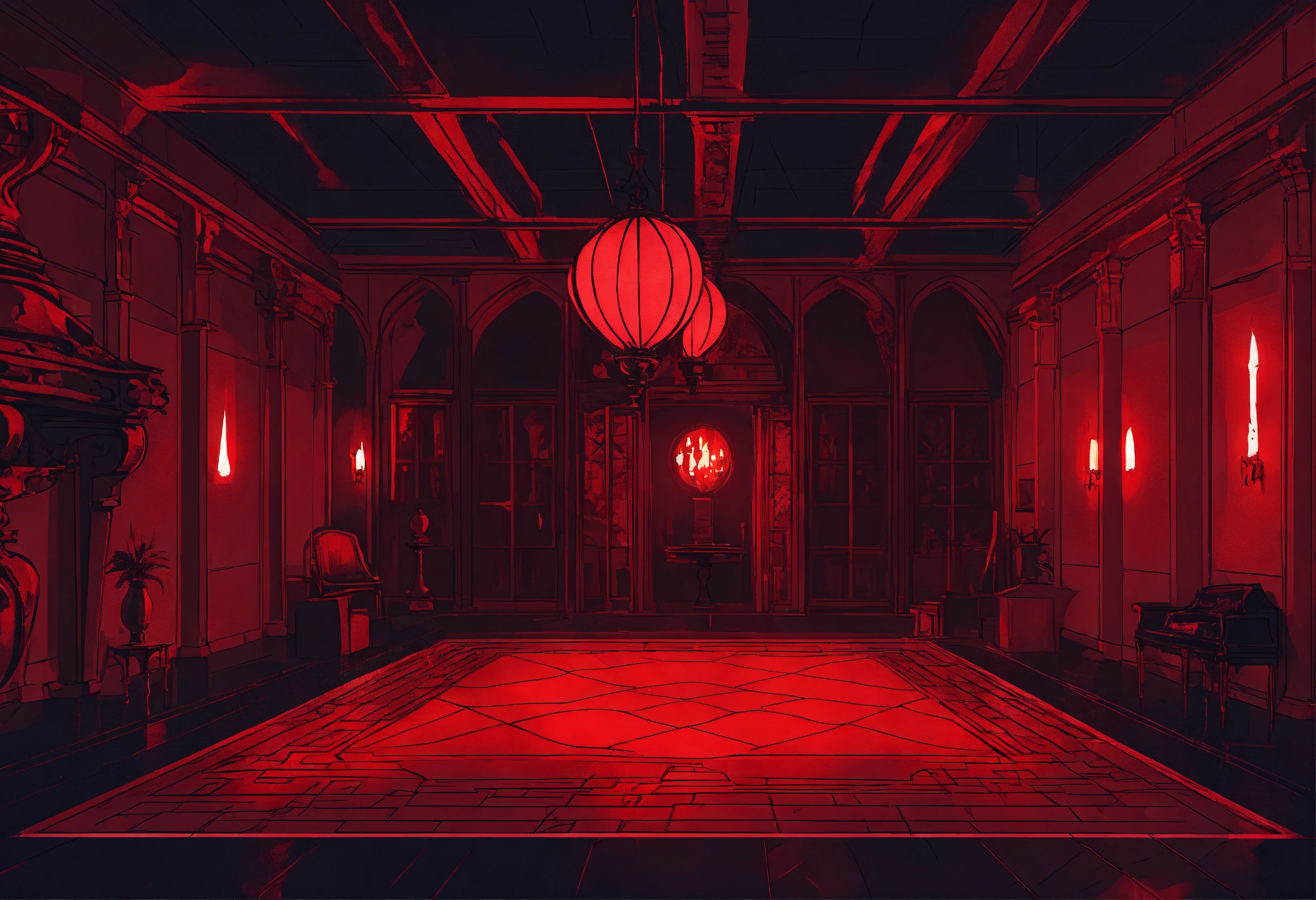Lexica - A dark modern vampire manor hall with red siftedneons