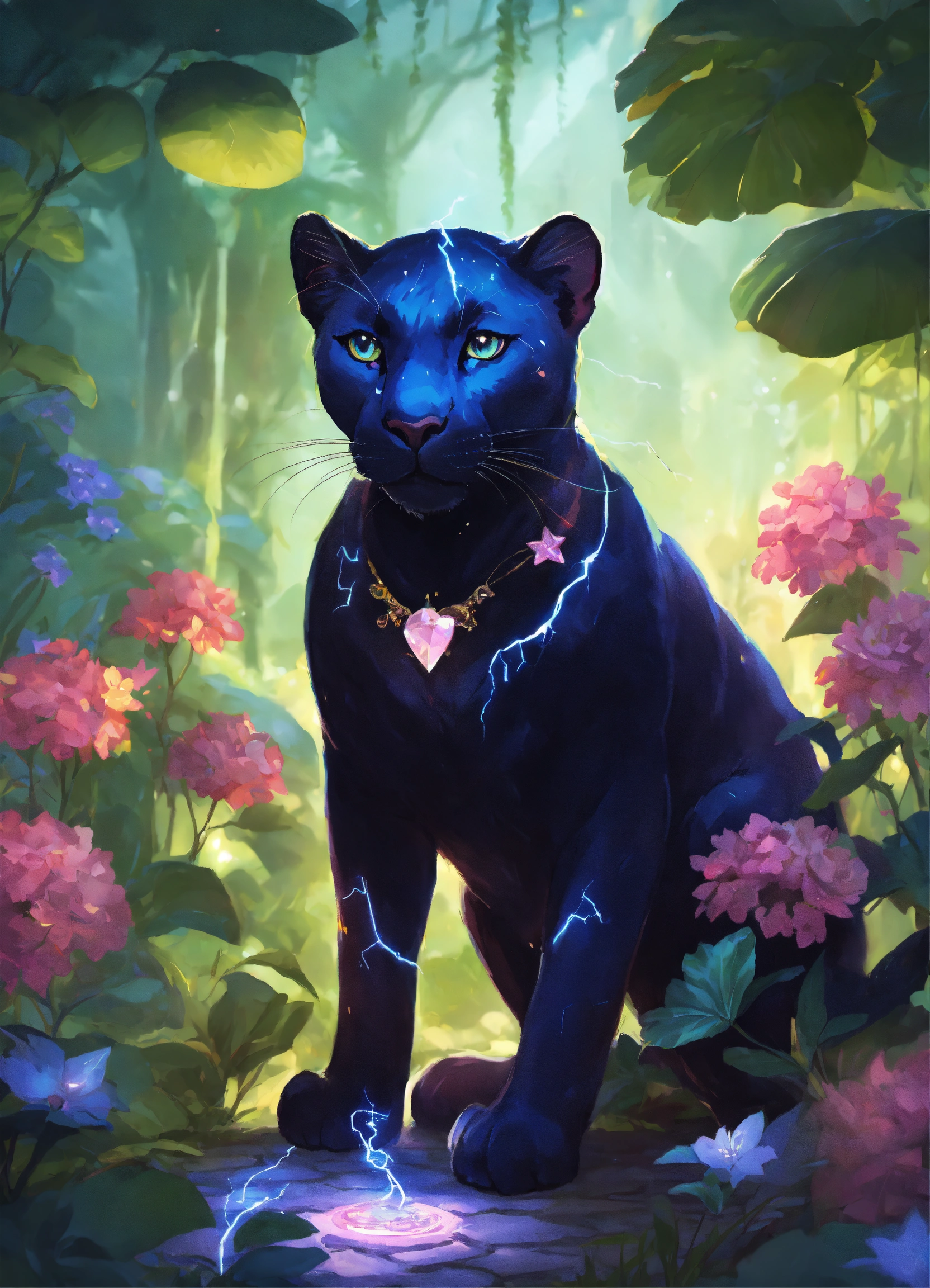 Lexica - Adorable panther in a magical garden, dnd, fantasy with lightning