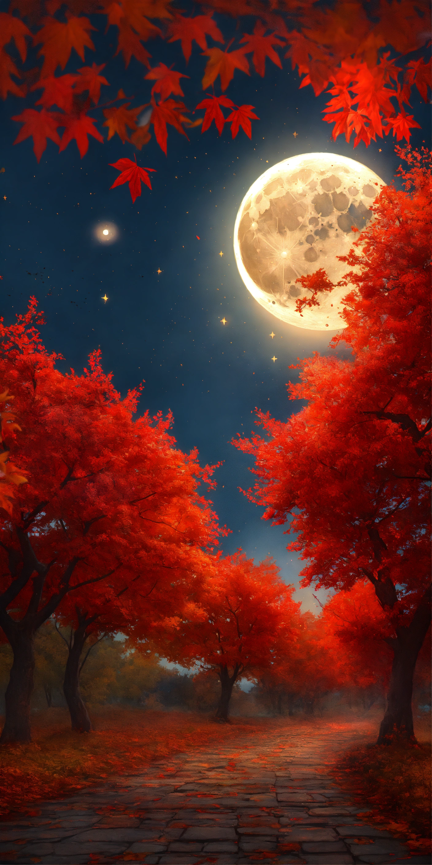 Lexica - Magical, moon, autumn, stars, red leaves, realistic,16k