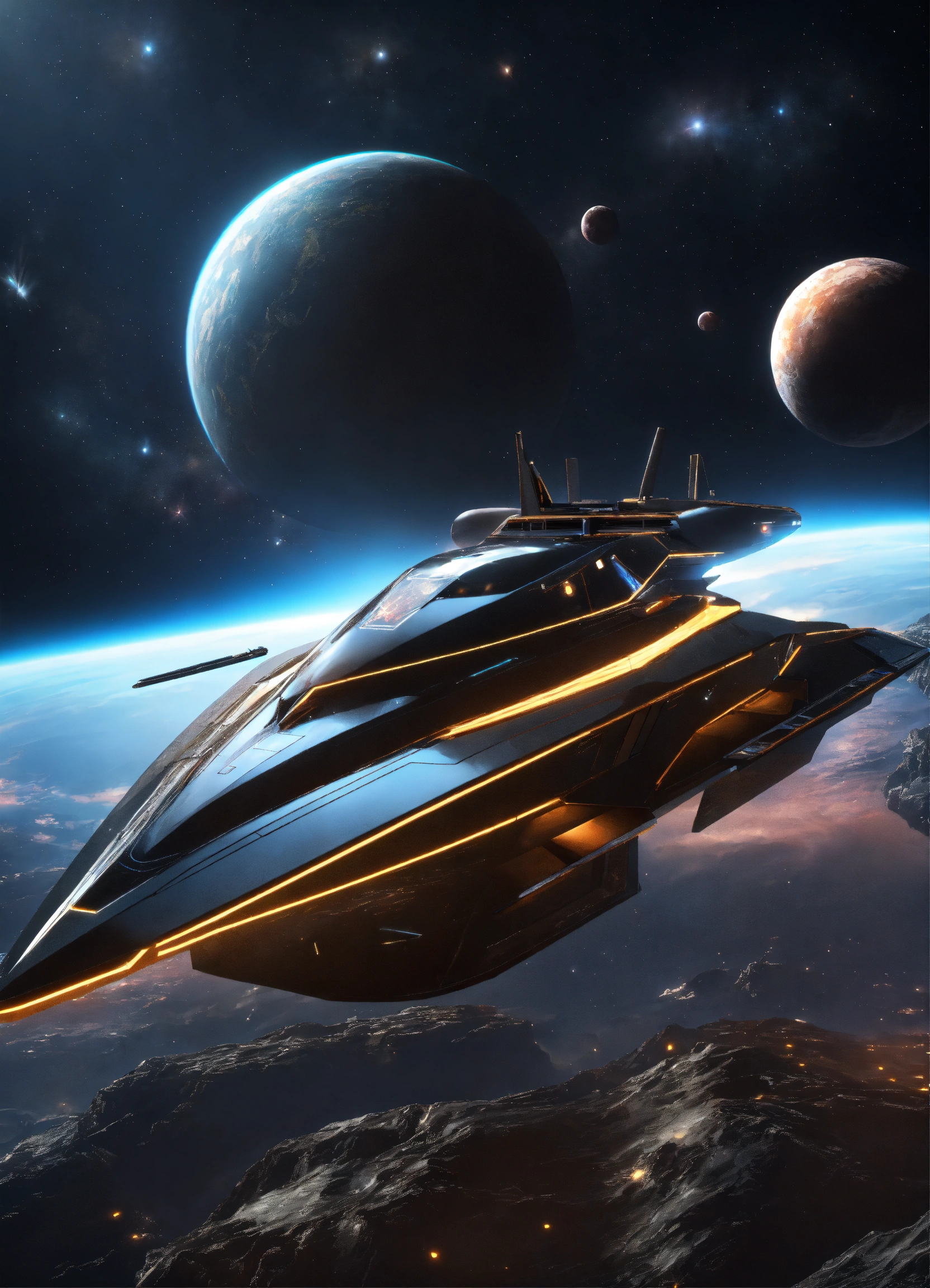 Lexica - Luxurious sleek black space yacht shooting out in deep space ...